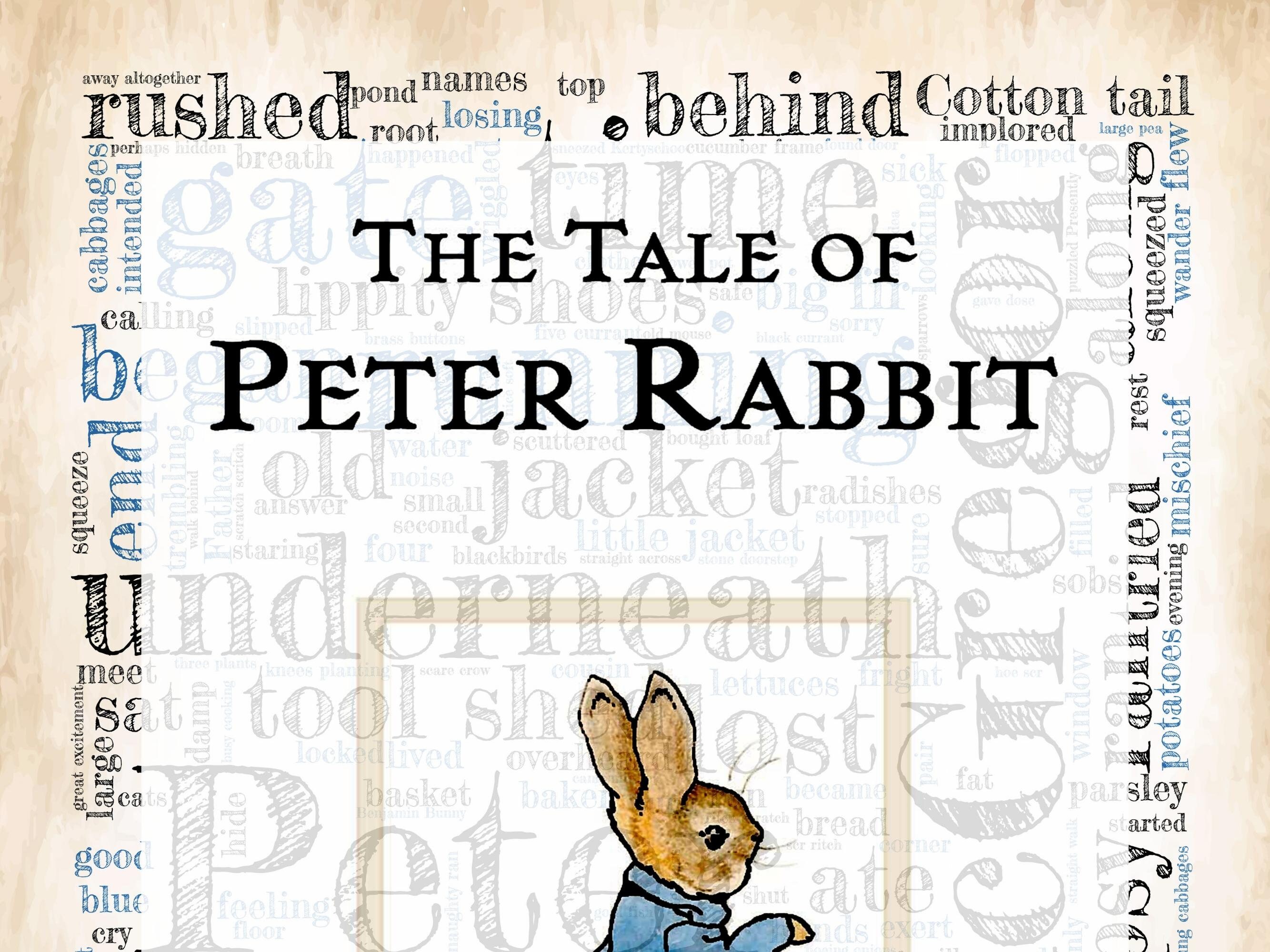 The Tale of Peter Rabbit Book Cover on Vintage Word Cloud Featuring ...