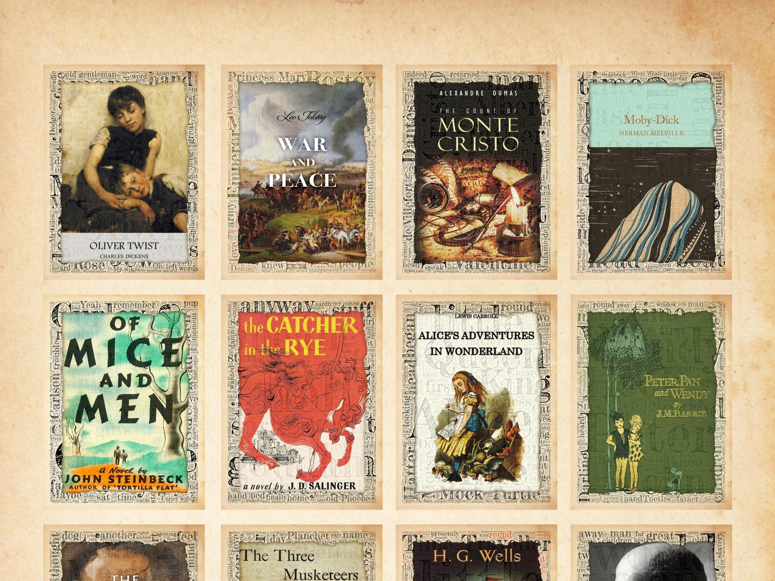 Vintage Book Cover Gallery Poster, Literary Classics Print, Word Cloud ...