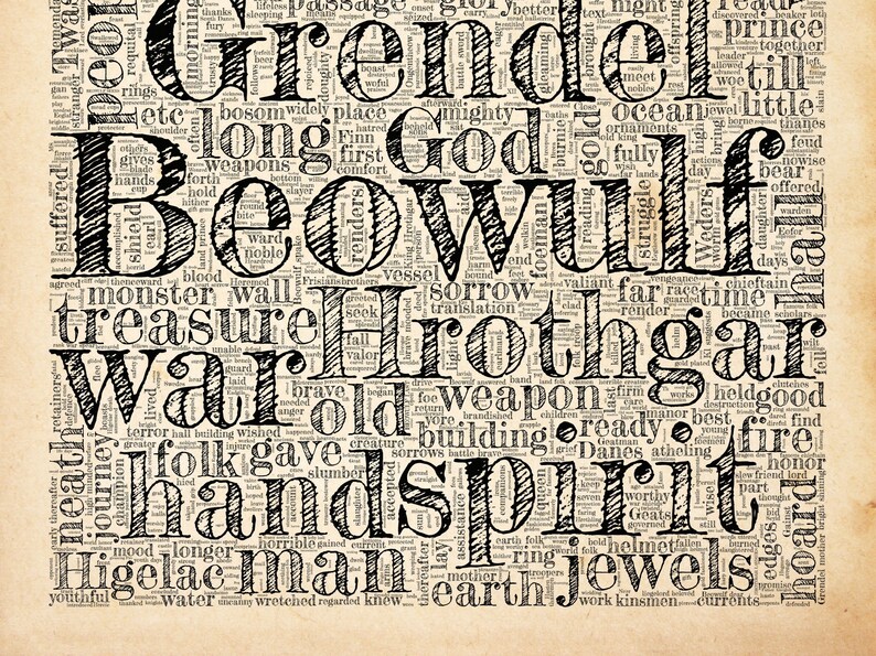 Beowulf Word Cloud Art Featuring 2000 Words of the Book, Vintage ...