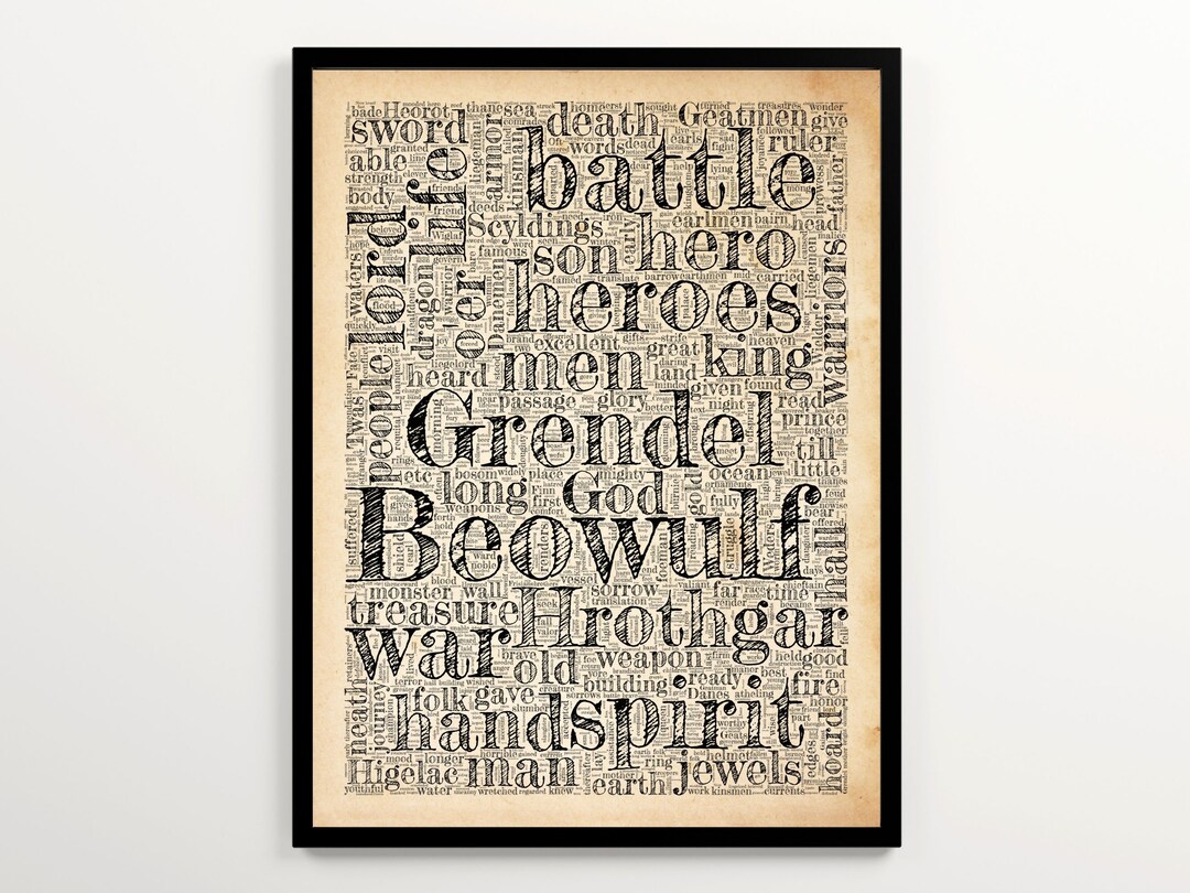 Beowulf Word Cloud Art Featuring 2000 Words of the Book, Vintage ...