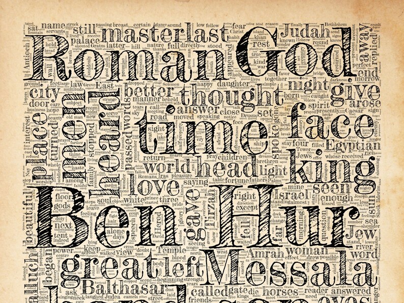 Lew Wallace's BEN HUR Vintage Word Cloud Art Featuring 2000 Words of ...