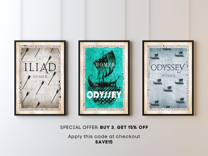 The Odyssey Book Cover Art With 2000 Words of the Book, Homer Set of 2 ...