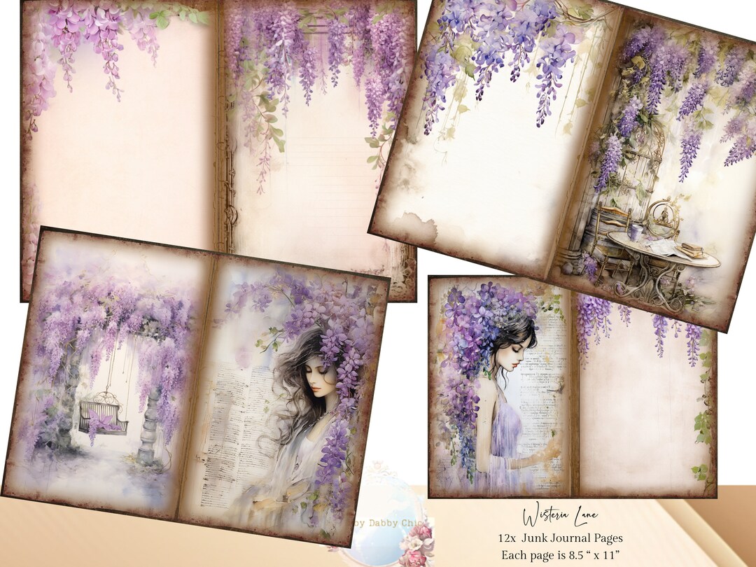 12 Junk Journal Pages, Wisteria Journal, Crafting Papers, Ephemera ...