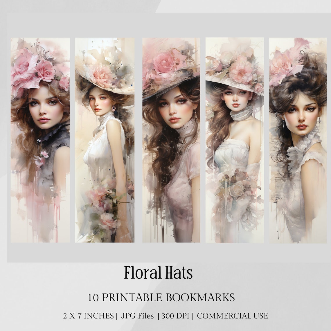 10 Floral Hats Bookmarks, Women in Hats Printable Bookmarks, Floral ...