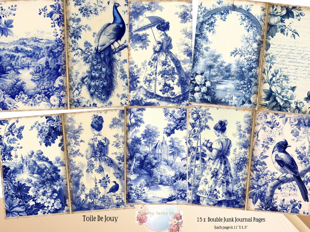 Blue Toile De Jouy Decoupage Papers, French Toile Junk Journal, Blue ...
