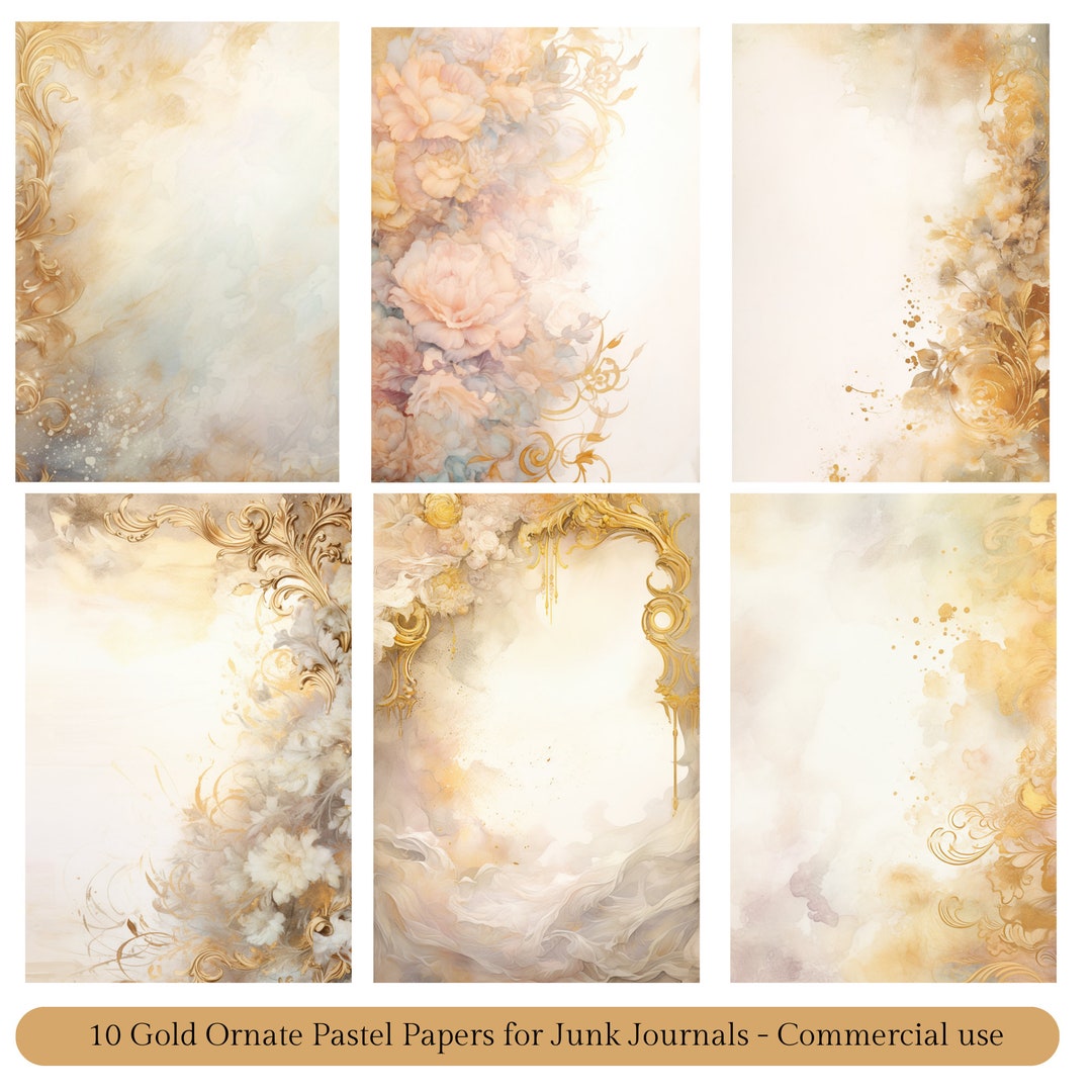 Pastel Gold Ornate Junk Journal Pages, Pastel Ornate Digital Paper ...