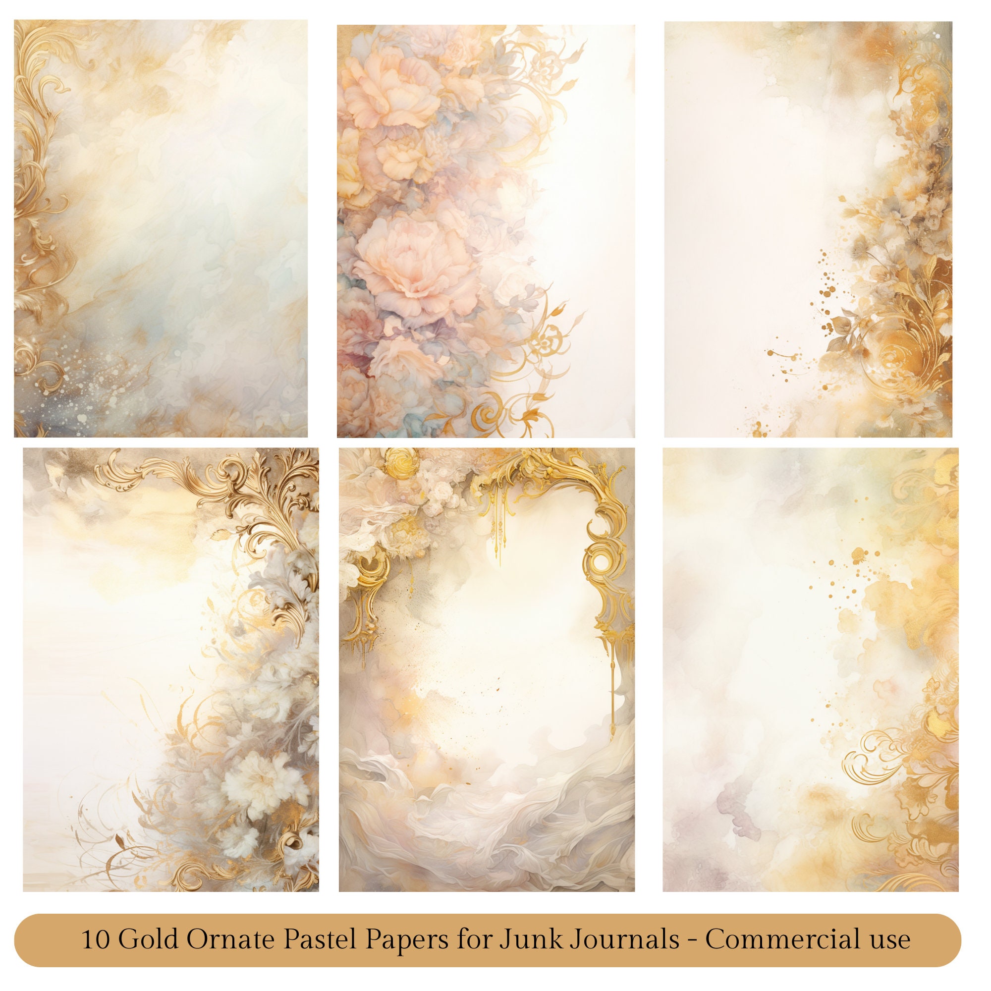 Pastel Gold Ornate Junk Journal Pages, Pastel Ornate Digital Paper ...