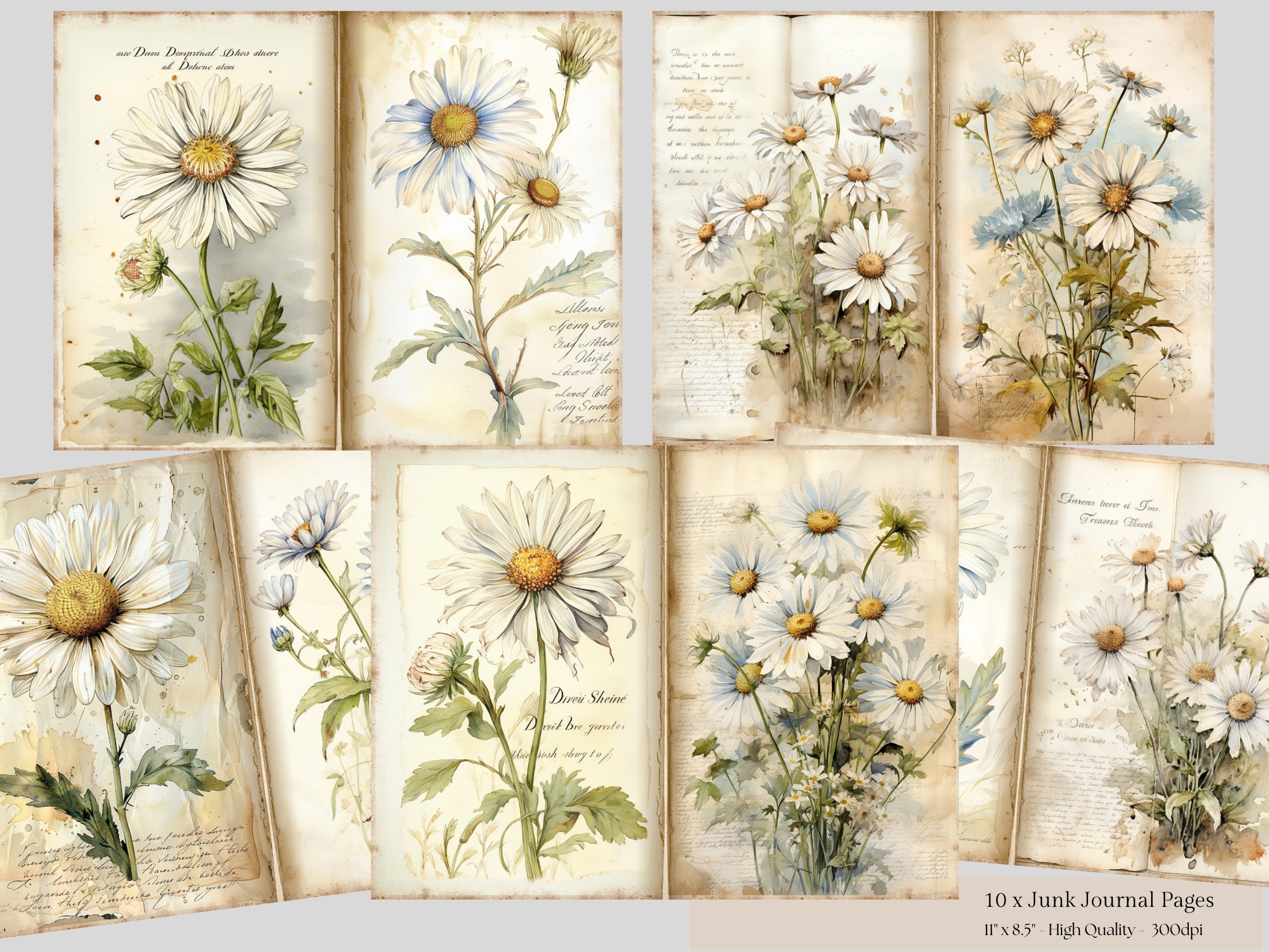 Vintage Daisy Junk Journal, Digital Scrapbook Paper Kit, Floral Printable, Antique Flower ...