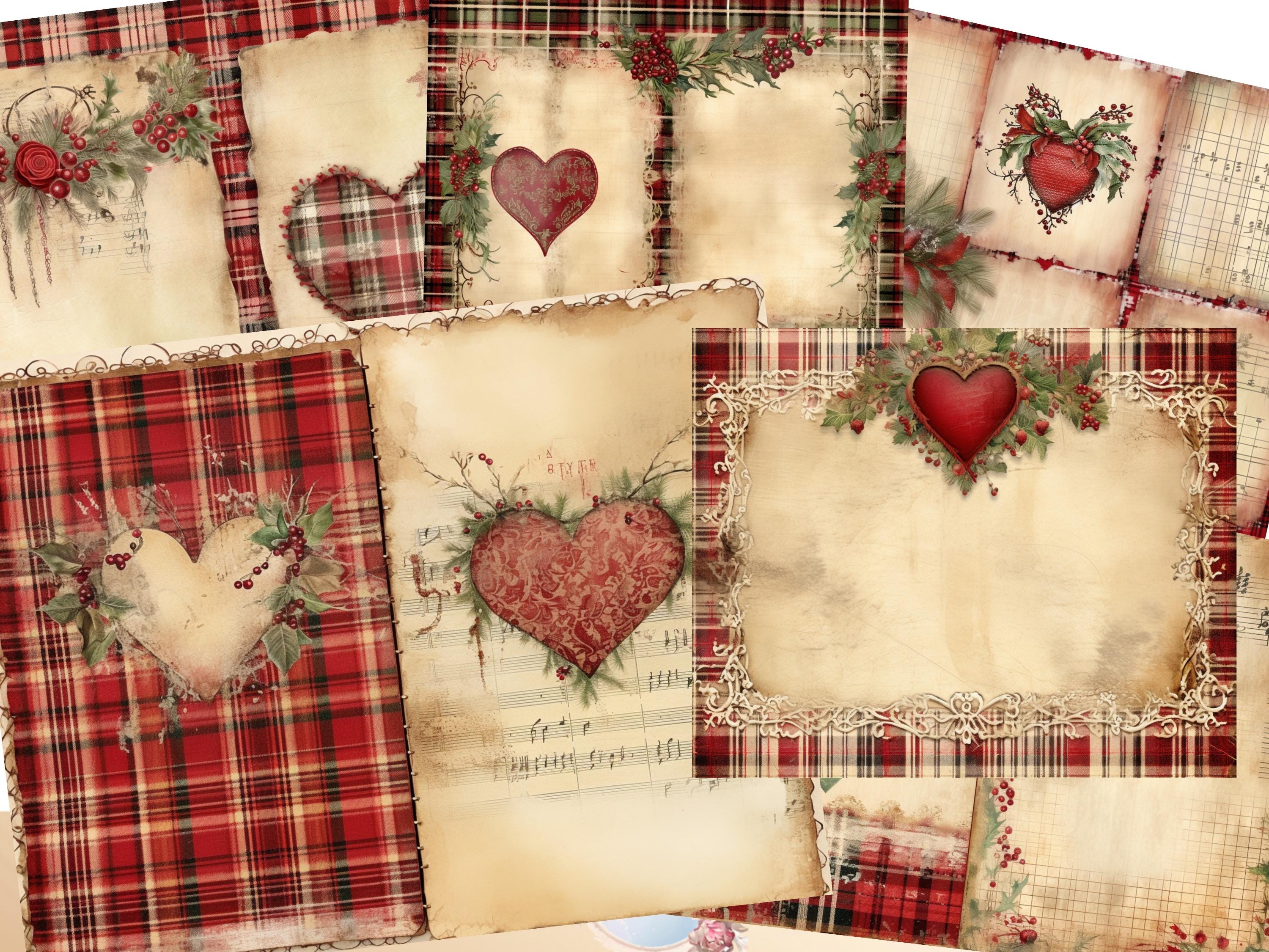 Vintage Christmas Holiday Plaid Faded Collage Sheet Rustic Floral ...