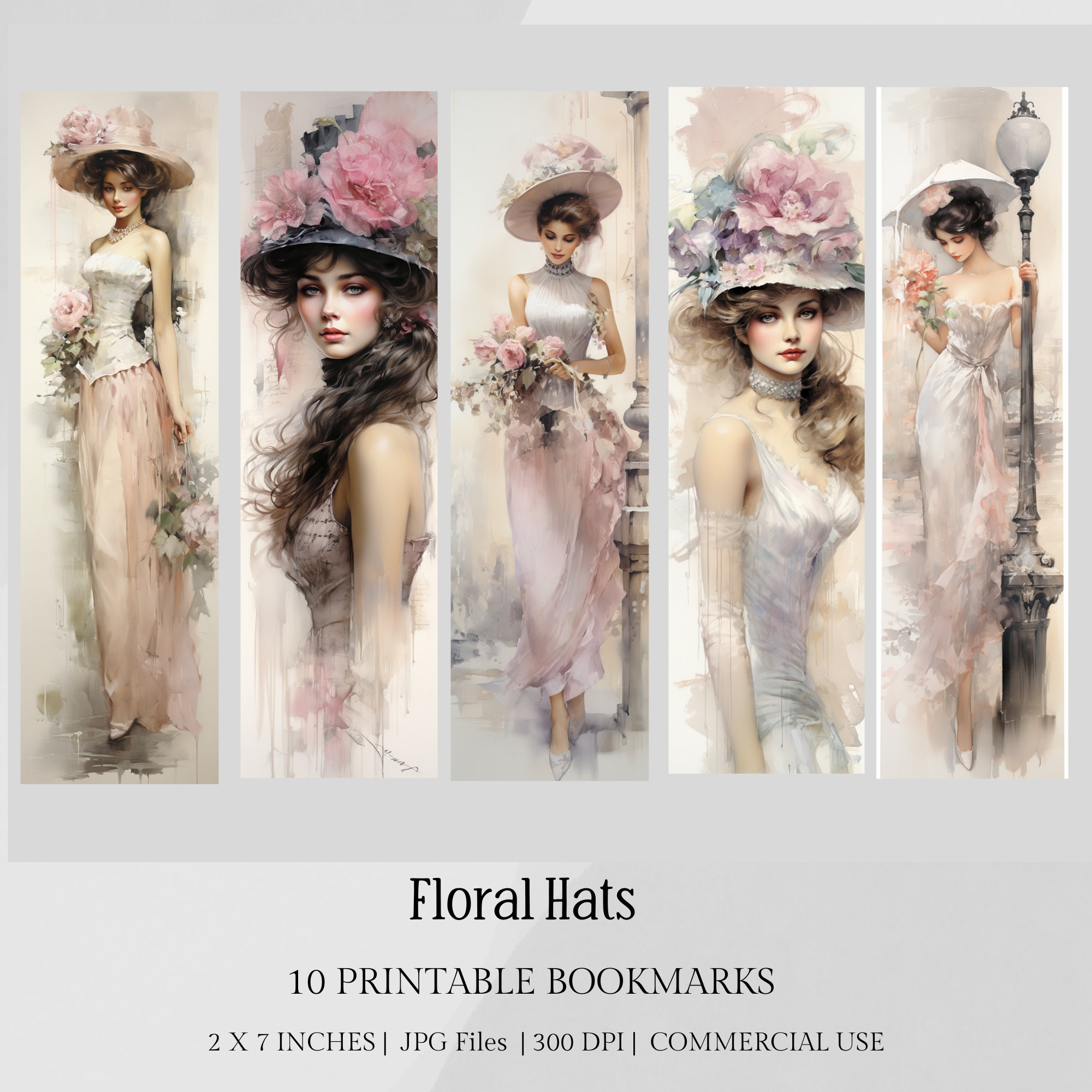 10 Floral Hats Bookmarks, Women in Hats Printable Bookmarks, Floral ...
