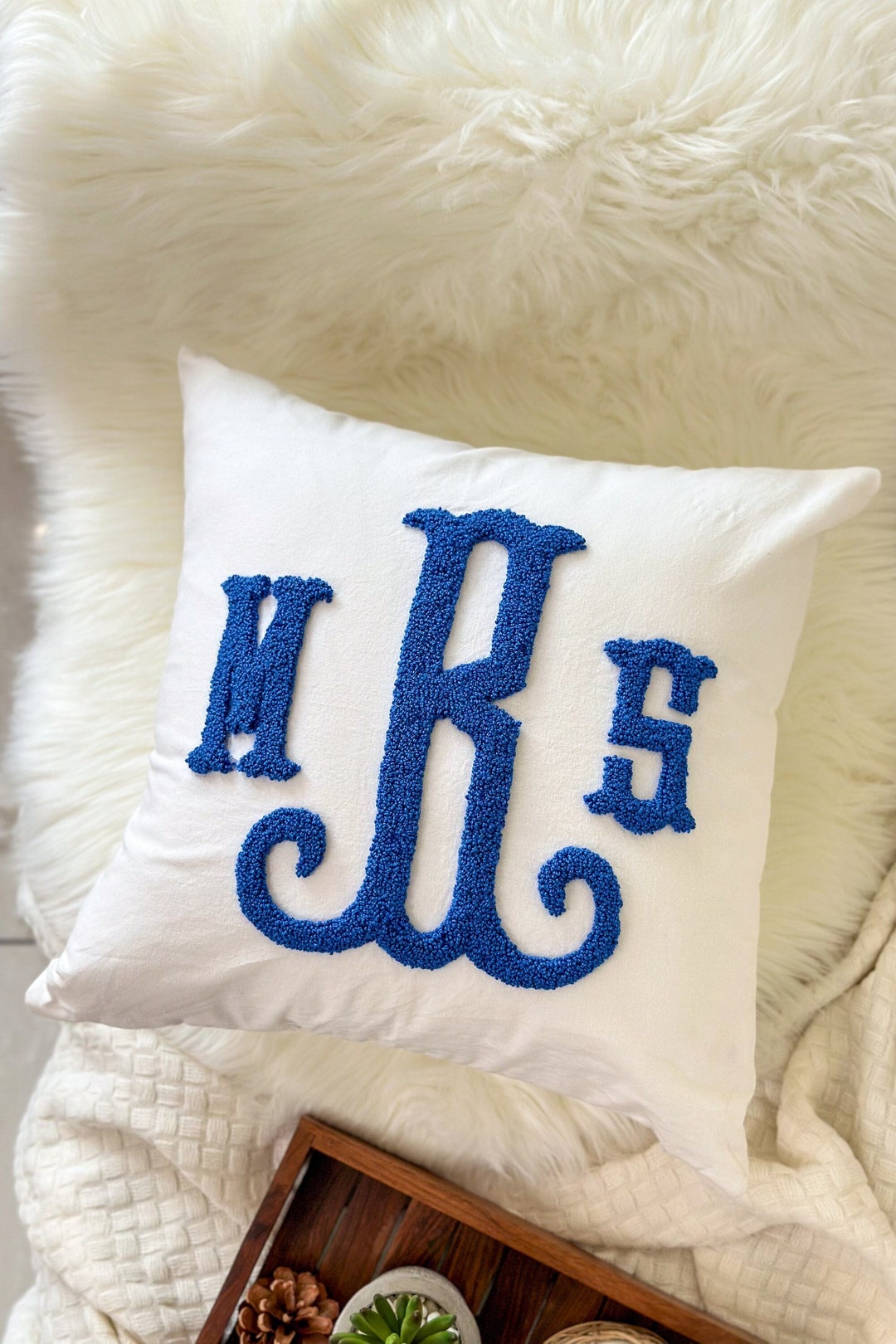 Monogram Pillow Cover With Punch Needle Embroidery, Personalized ...