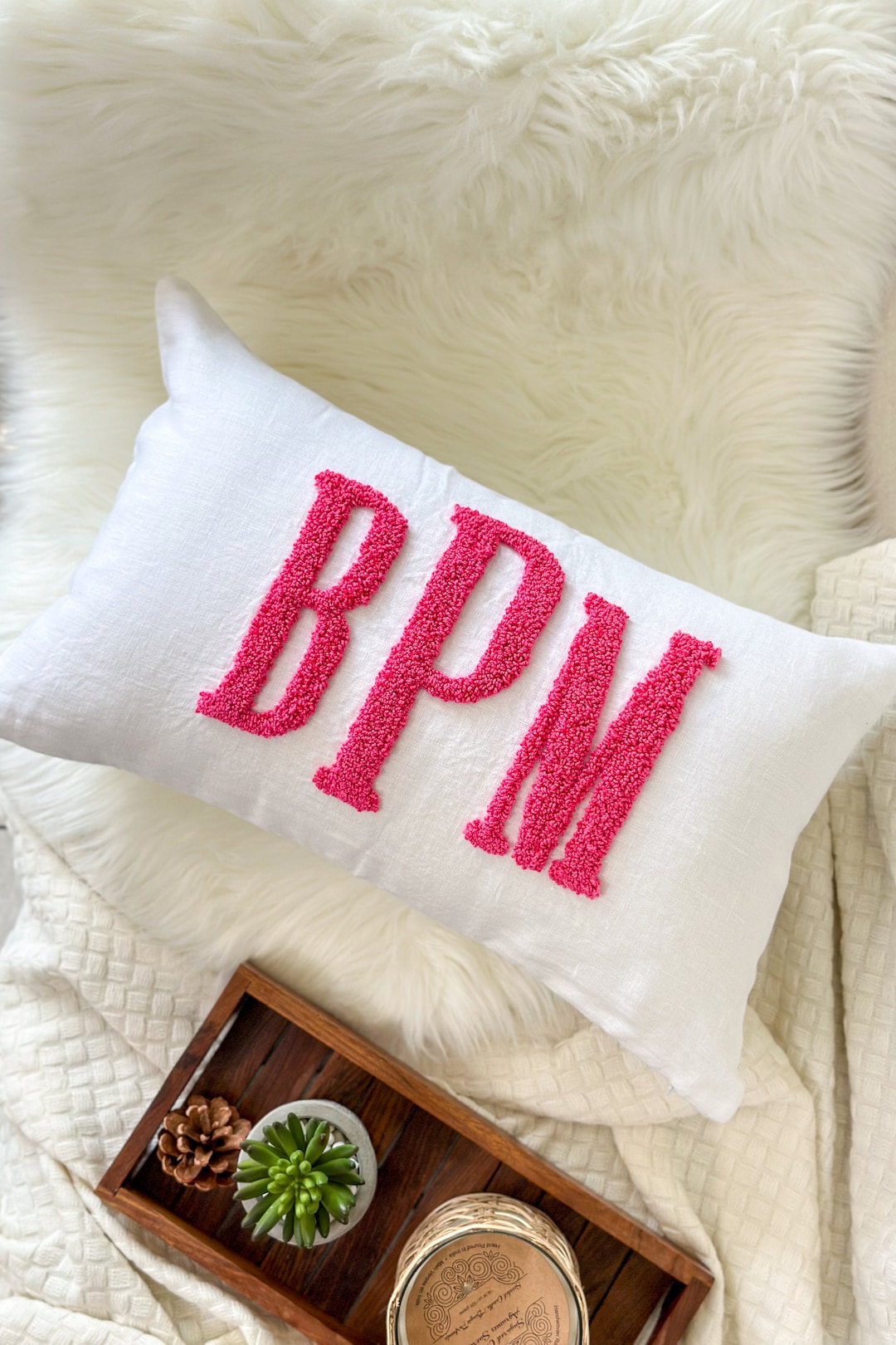 Monogram Pillow Cover With Punch Needle Embroidery, Personalized ...