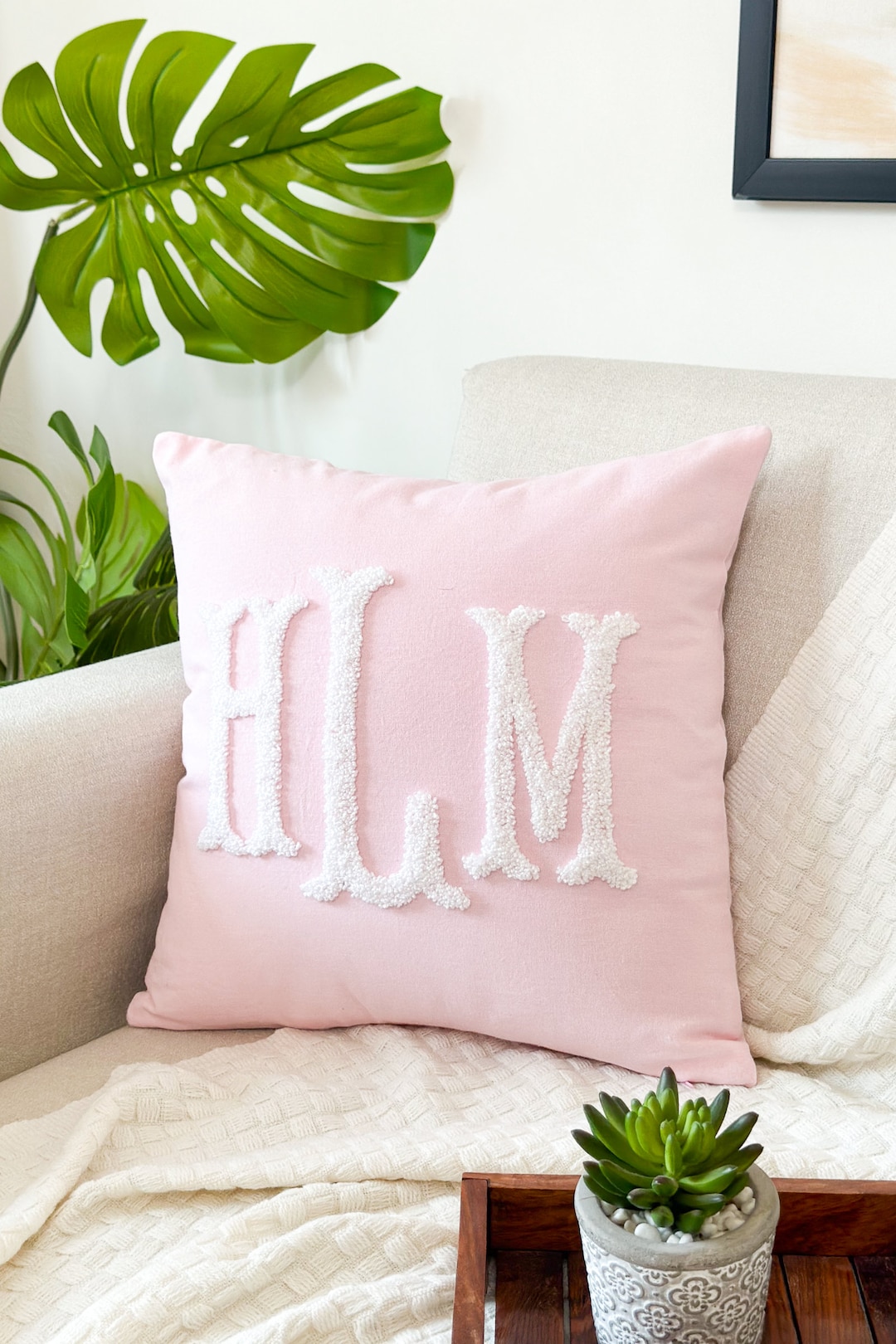 Personalized Monogram Pillow Cover With Punch Needle Embroidery ...