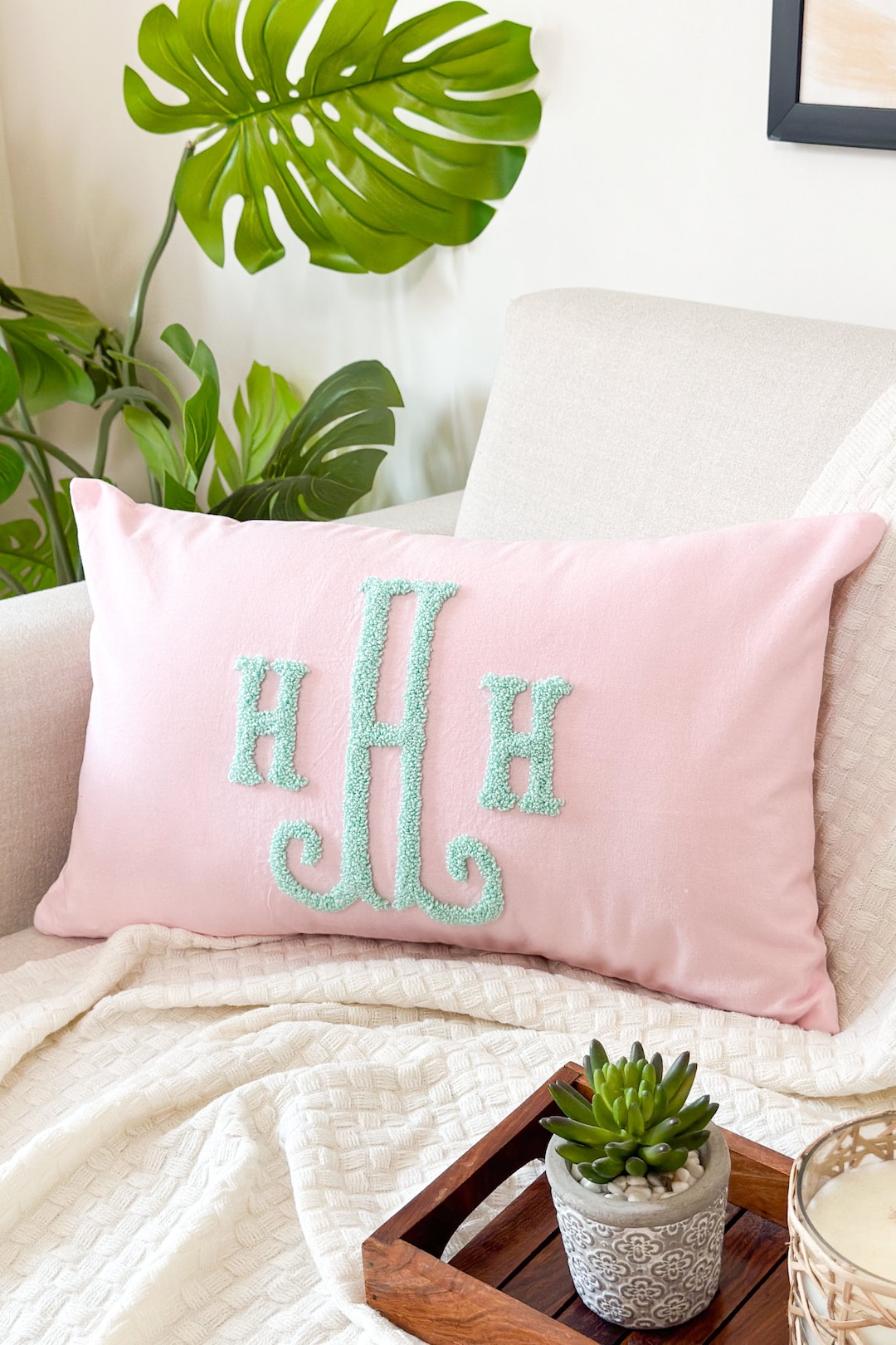 Custom Monogram Pillow Cover With Punch Needle Embroidery, Personalized ...