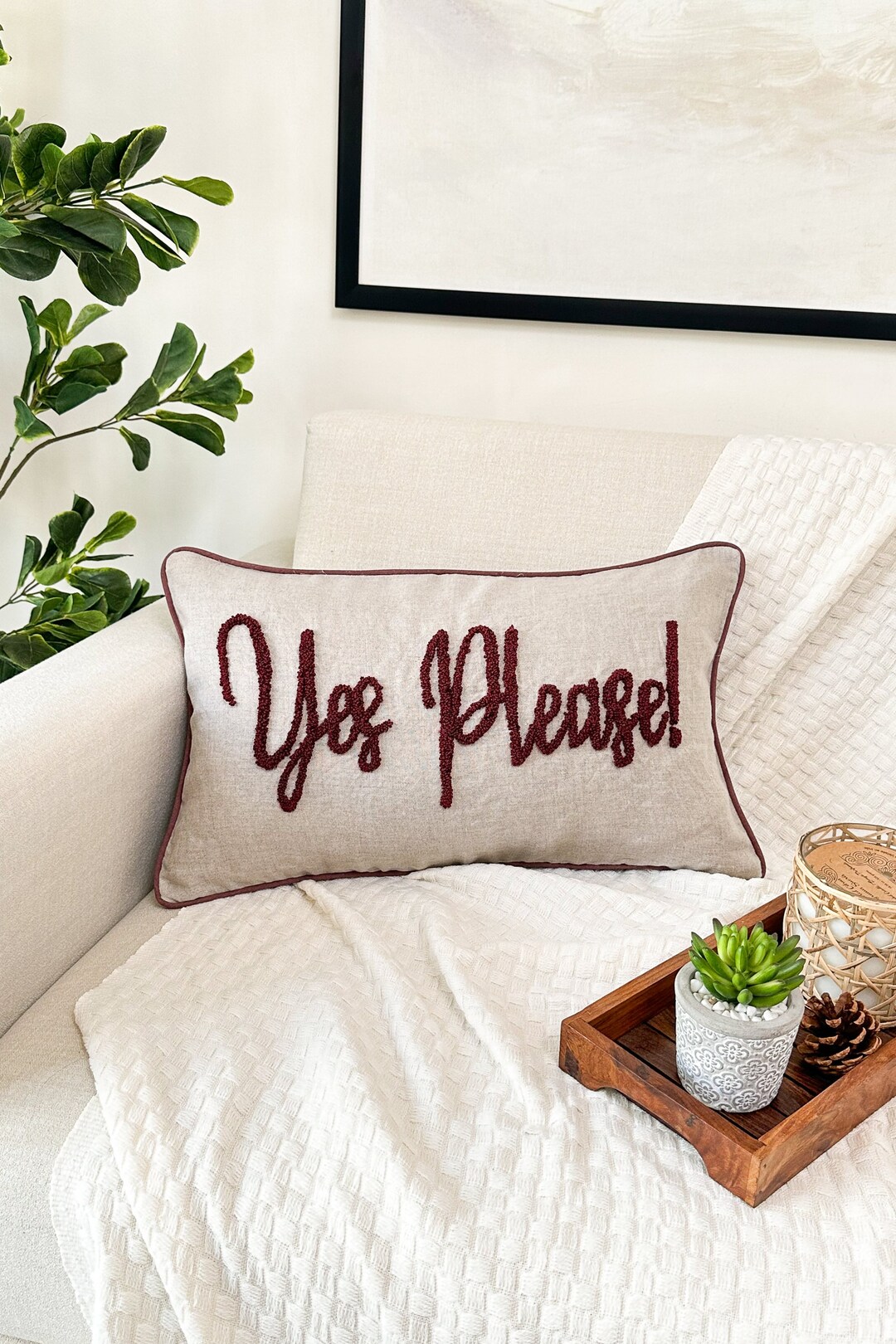 Yes Please Pillow Cover With Punch Needle Embroidery, Custom Quote ...