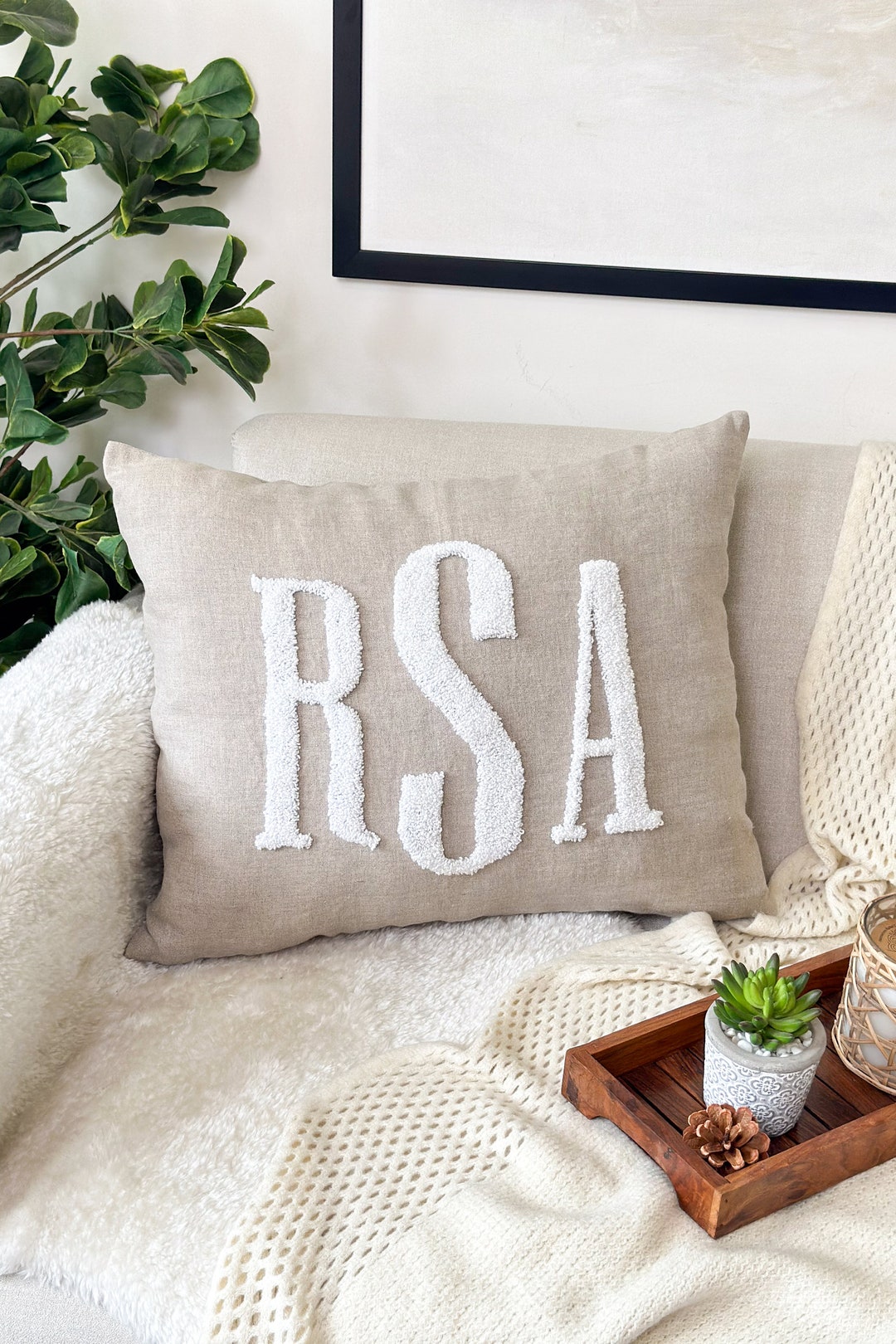 Monogram Pillow Cover With Punch Needle Embroidery, Personalized ...