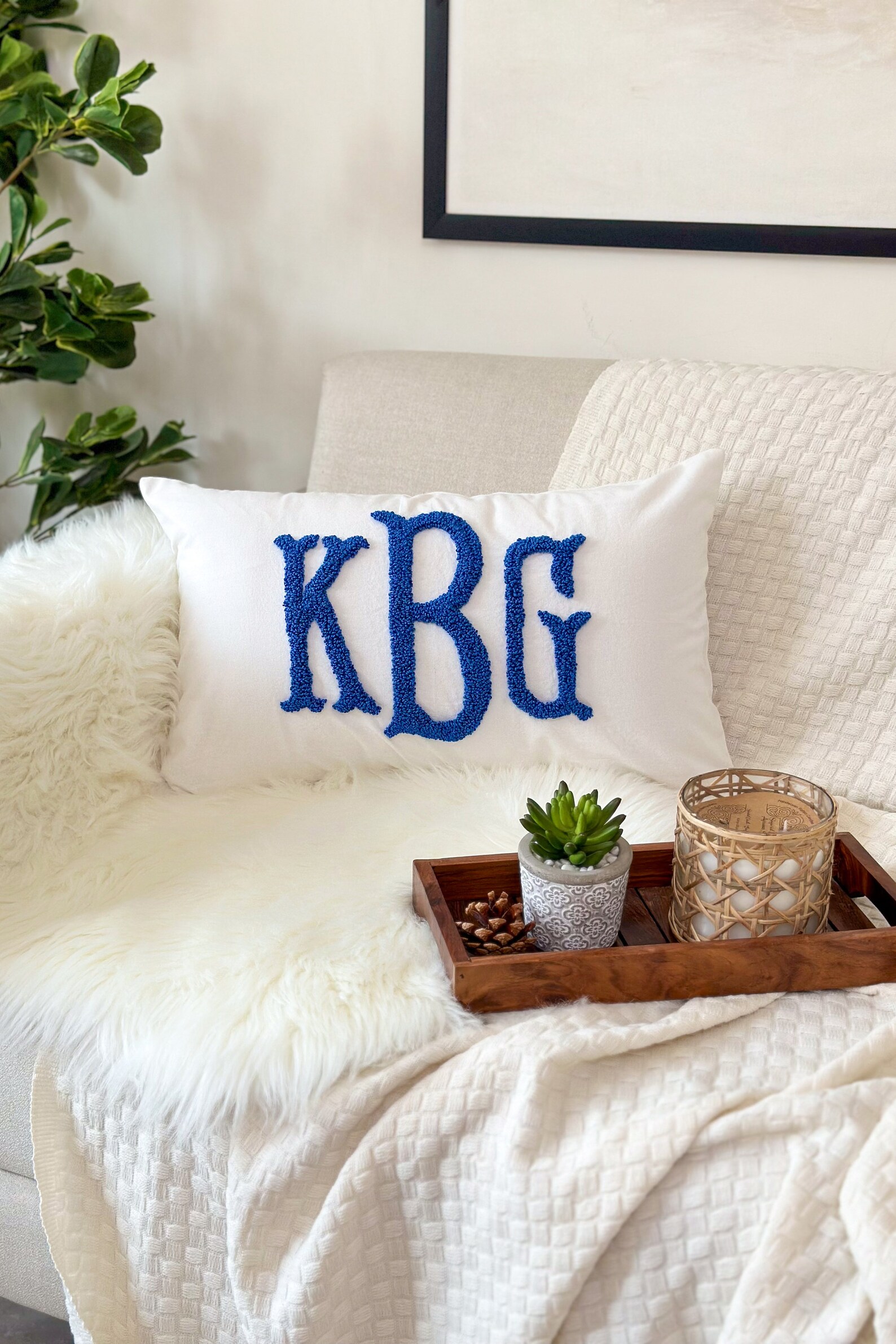 Monogram Pillow Cover With Punch Needle Embroidery, Personalized ...