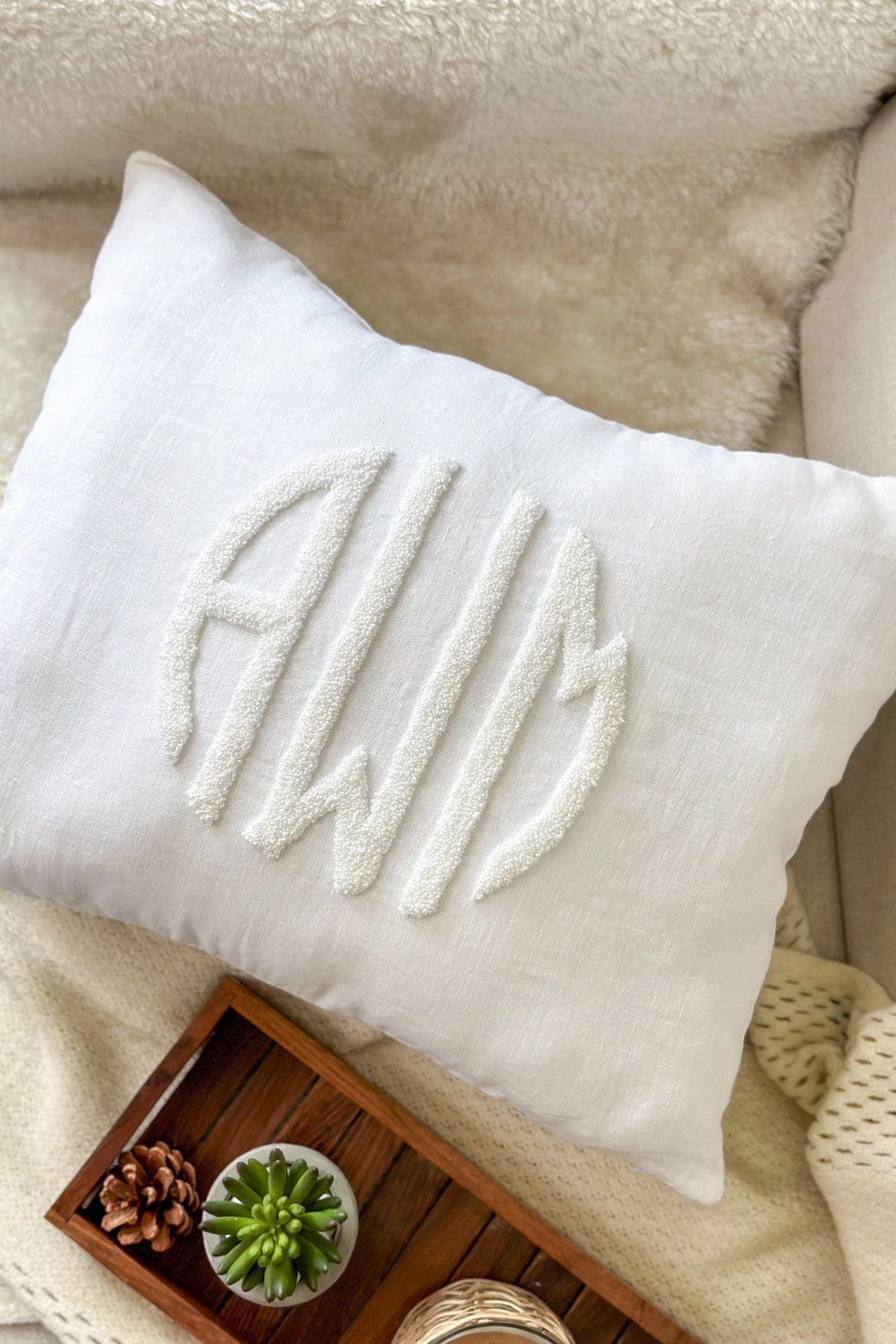 Monogram Pillow Cover With Punch Needle Embroidery, Personalized ...