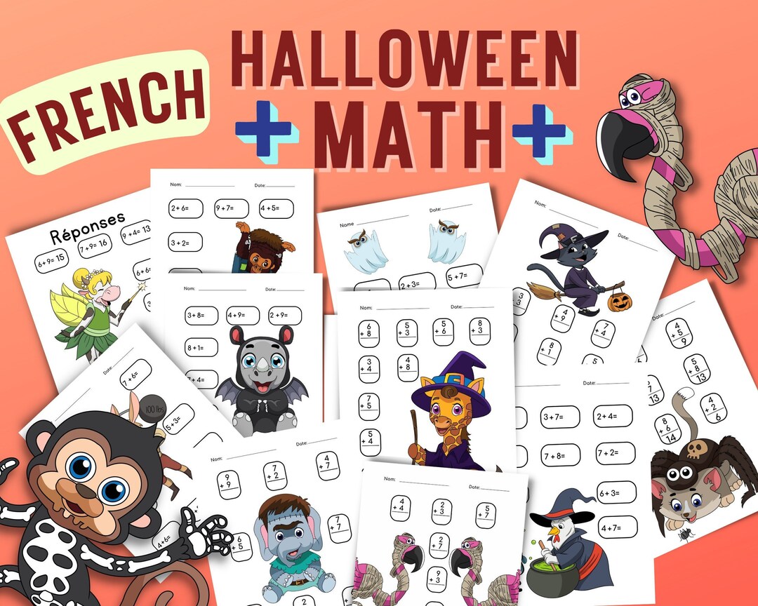French Printable Halloween Addition Math Worksheets/single Digits ...