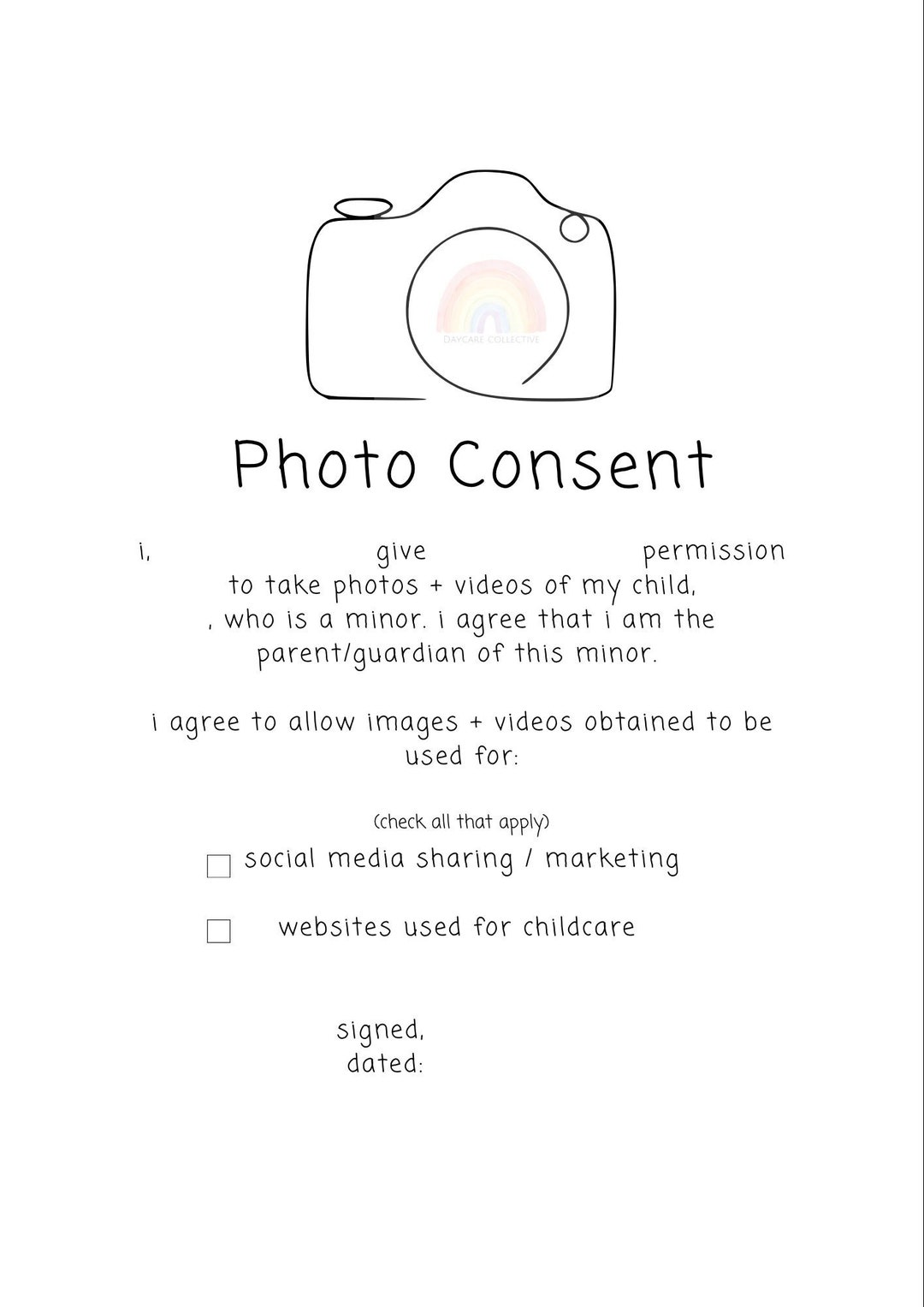 Photo Consent of Minors, Childcare, School, Daycare, Prek, Nursery ...