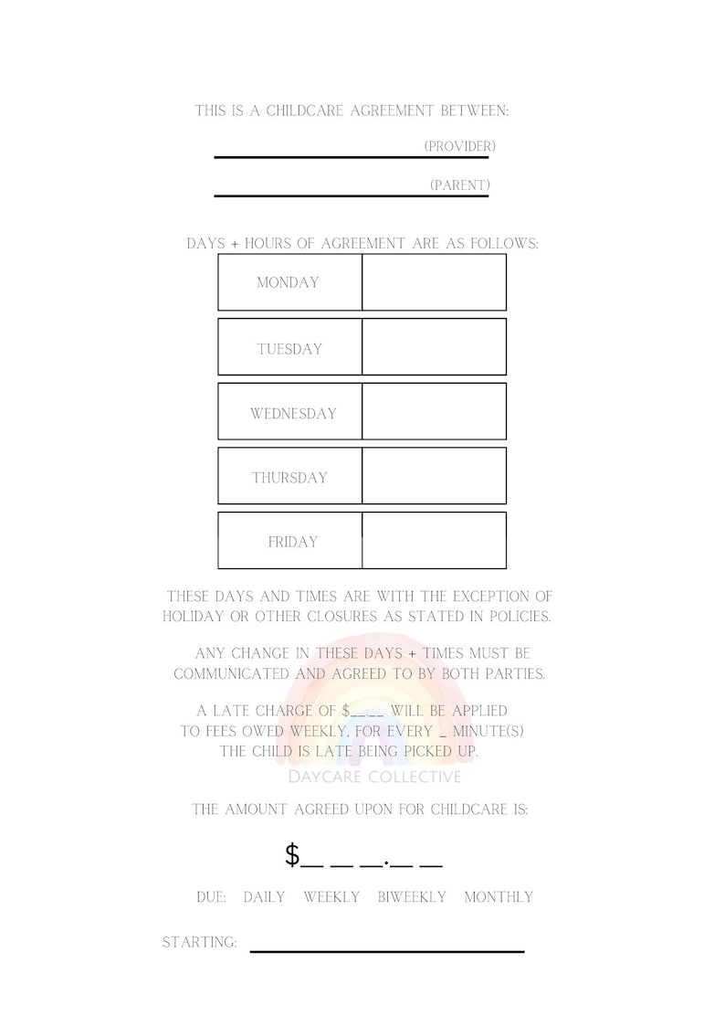 Childcare Contract, Daycare Forms, Center, Preschool, State Forms ...