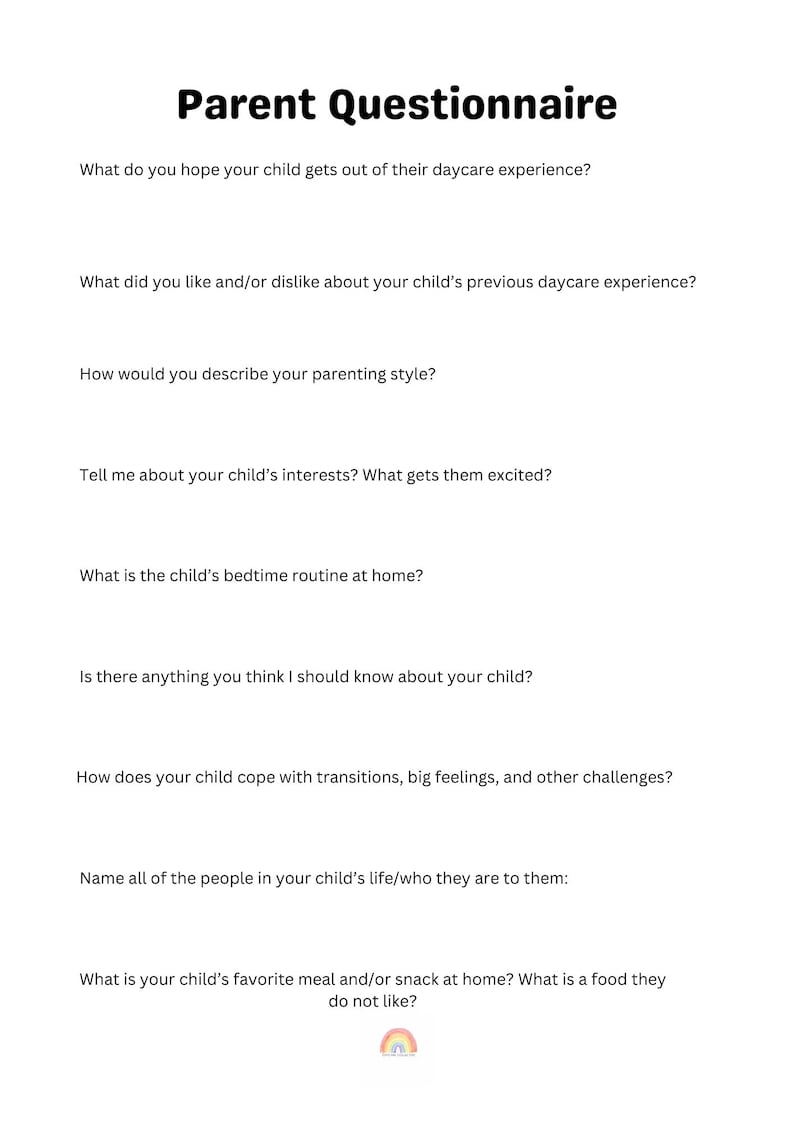 Parent Questionnaire for Daycare, Childcare, Babysitting, Communication ...
