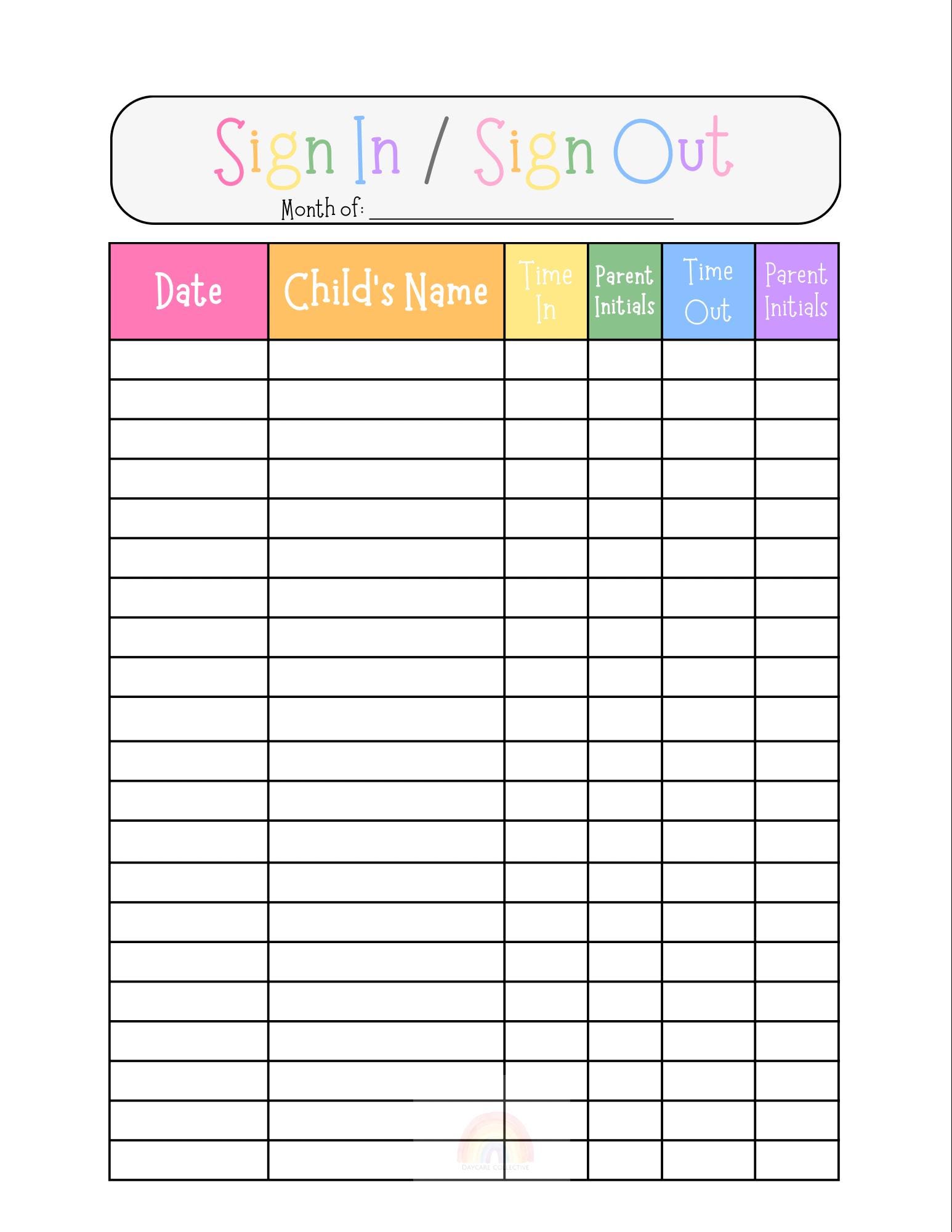 Sign in Sheet Sign Out Sheet Daycare Preschool Childcare Printable ...