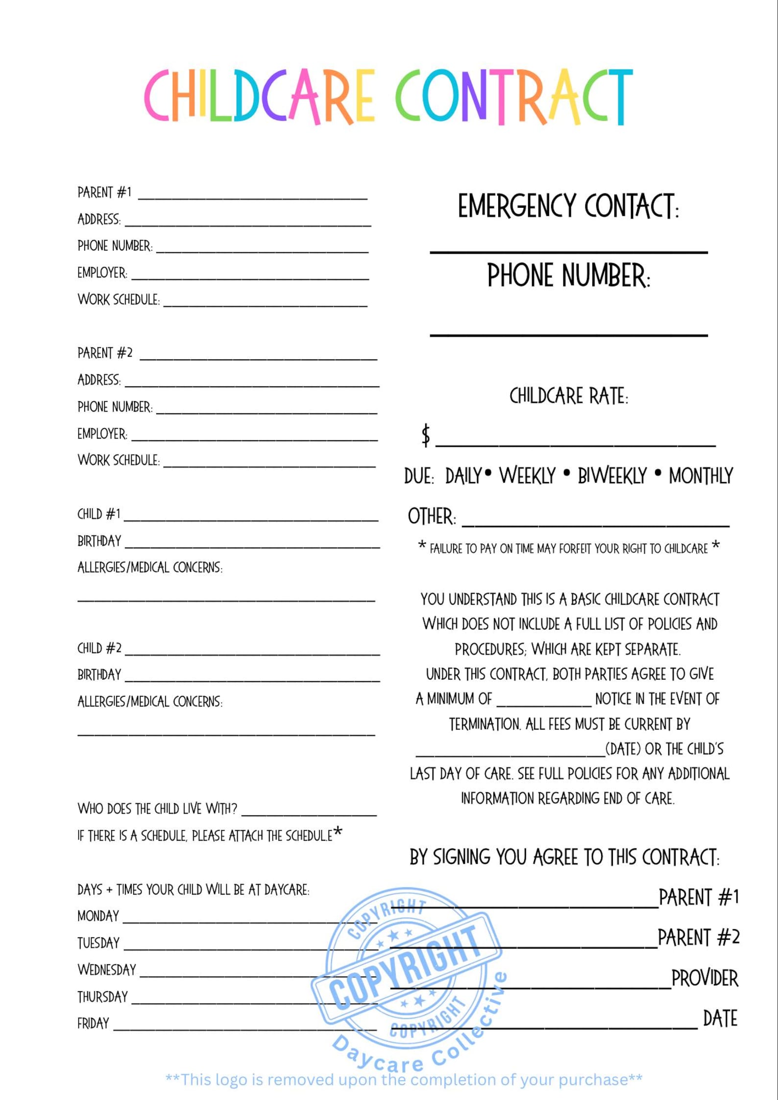 Childcare Contract Form, Daycare Enrollment, Printable, Digital ...