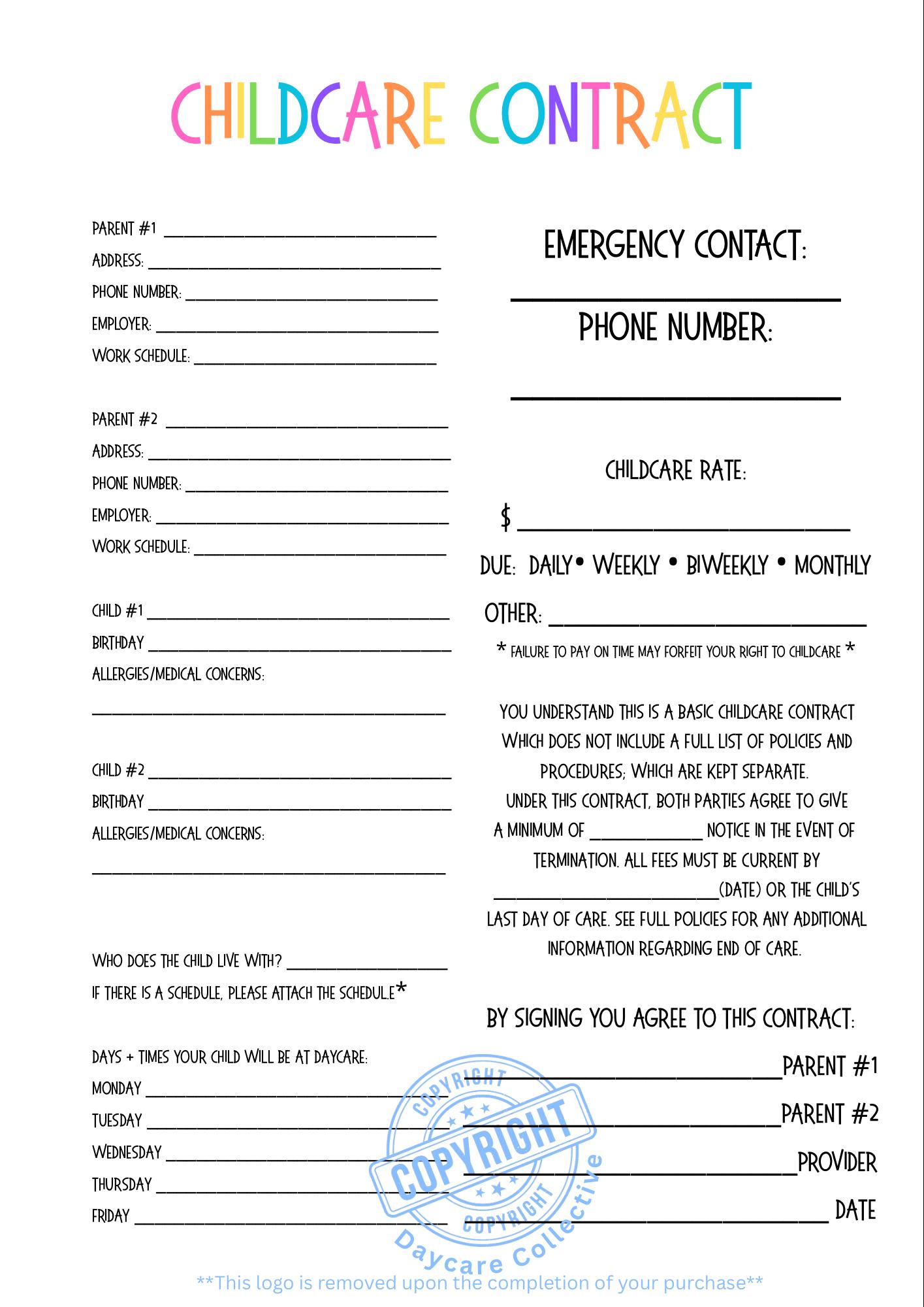 Childcare Contract Form, Daycare Enrollment, Printable, Digital ...
