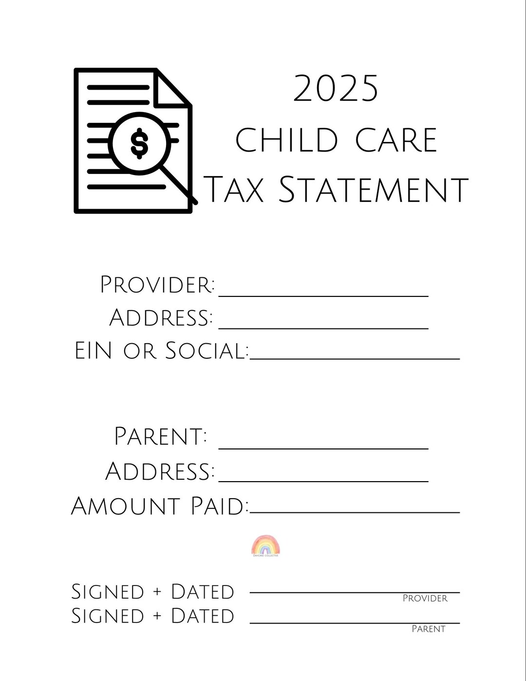Childcare Tax Statement, End of Year Daycare Taxes, Printable, Daycare ...