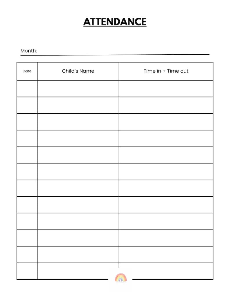 Daily Attendance Sheet, Sign in Sign Out, Childcare, Daycare Forms ...