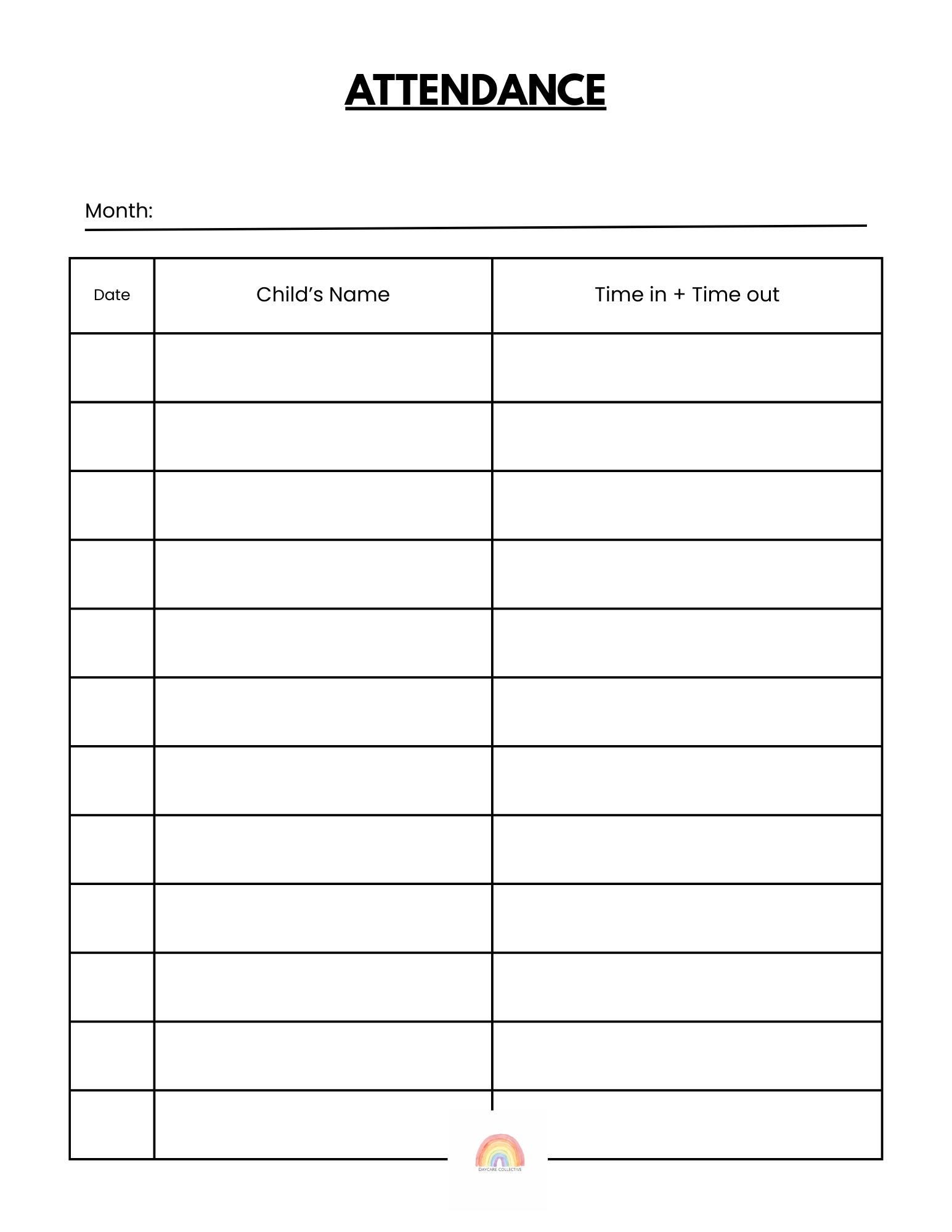 Daily Attendance Sheet, Sign in Sign Out, Childcare, Daycare Forms ...