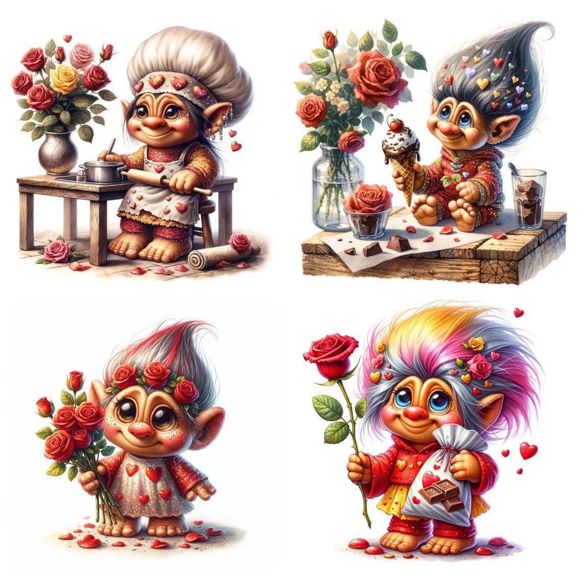Troll Valentines Day Clipart, Watercolor Clipart, ,10 High Quality Pngs ...