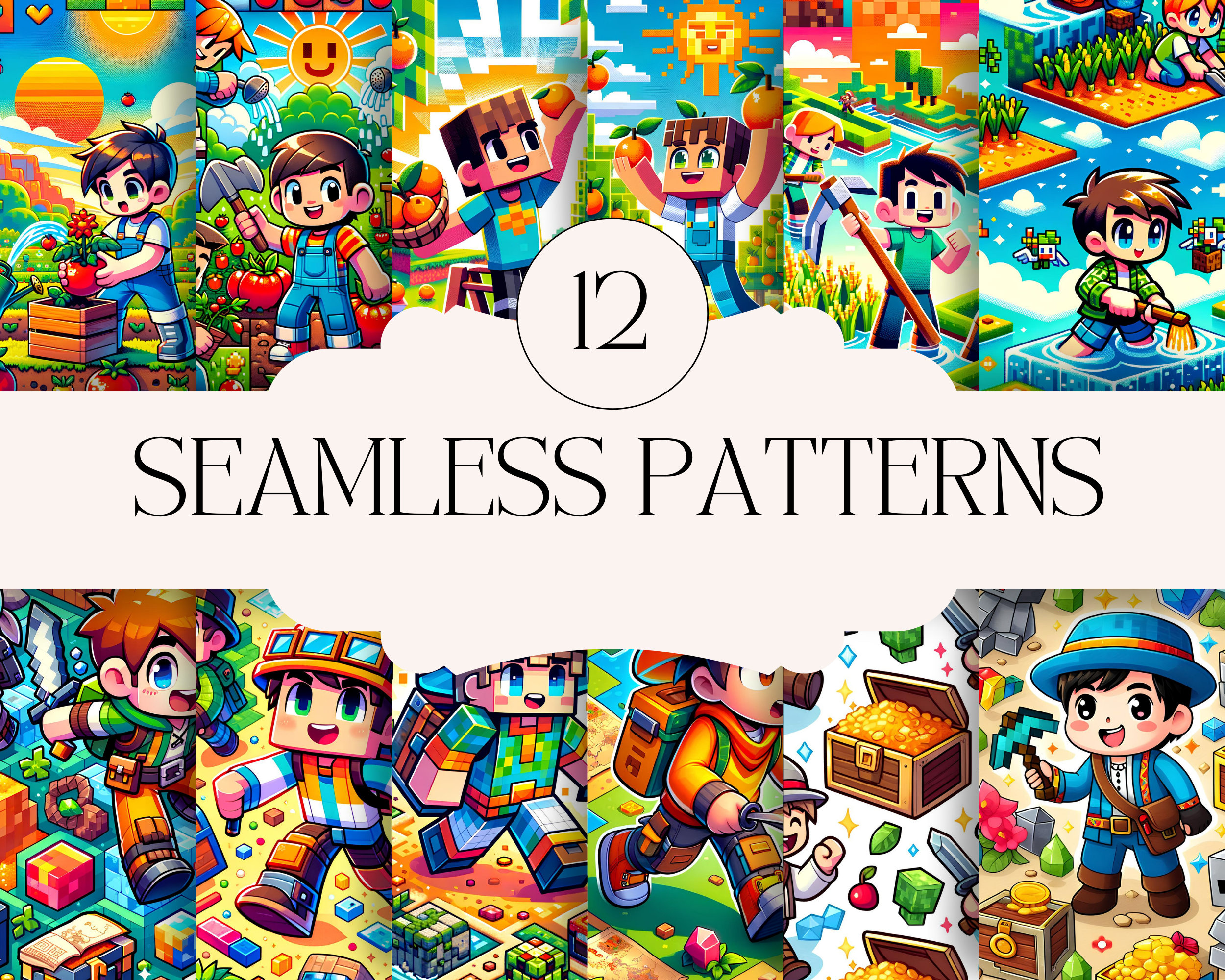 12 Seamless Pattern for Boys, Farmers Minecraft , Seamless Digital ...