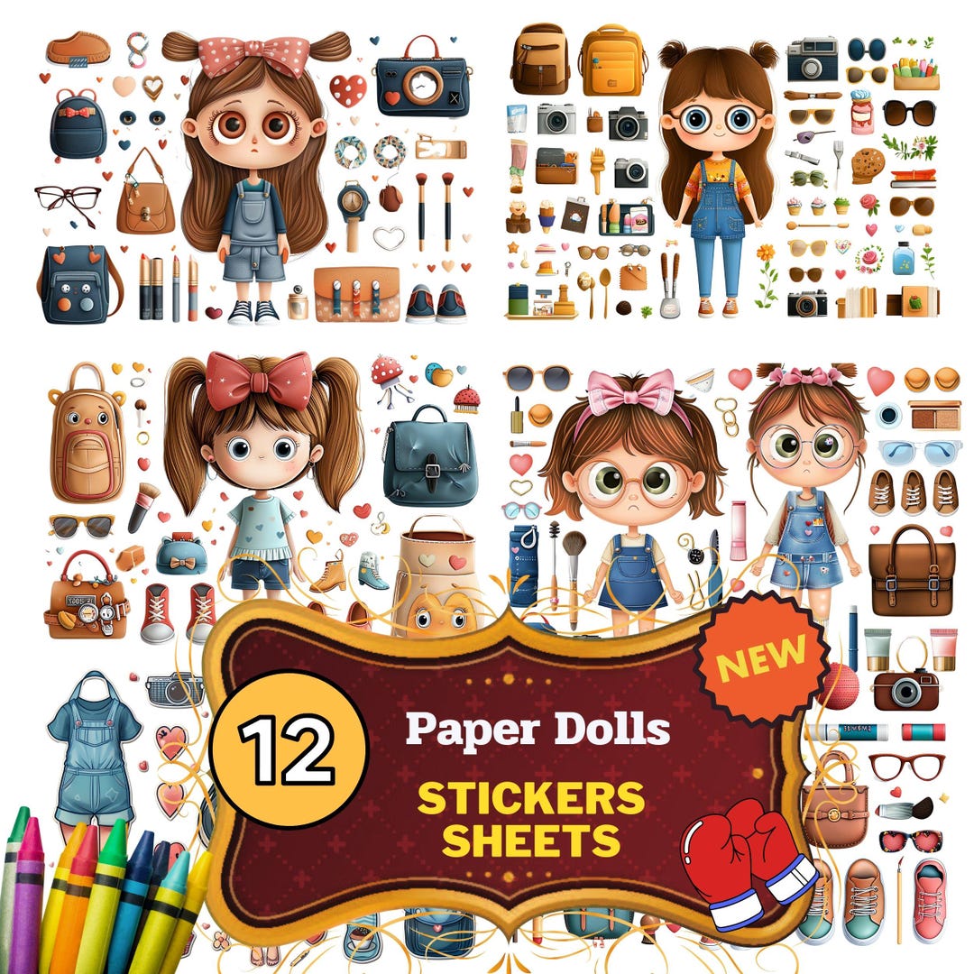 12 Character Stickers Printable Paper Dolls,sheets Fashion,outfit ...
