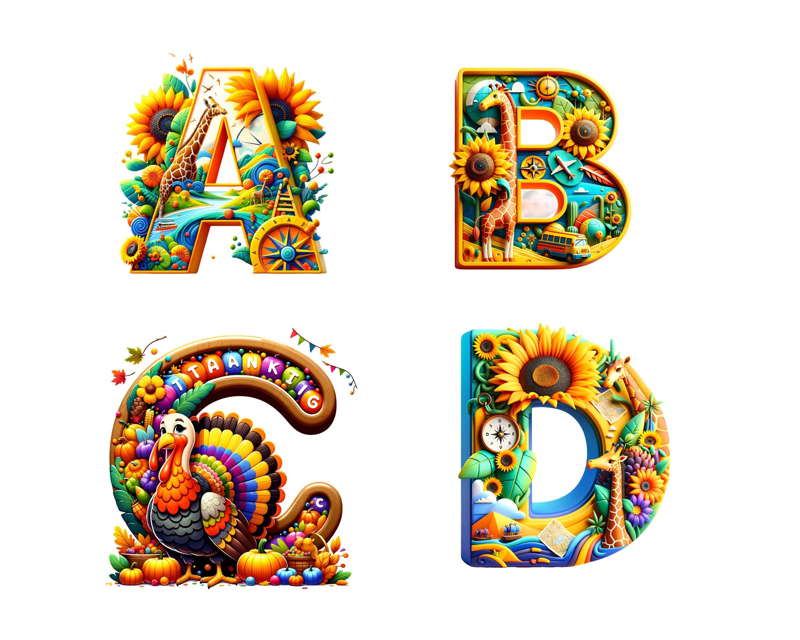 3D Sunflowers and Giraffes A-Z Alphabet, Letters Png, Alphabet Png ...