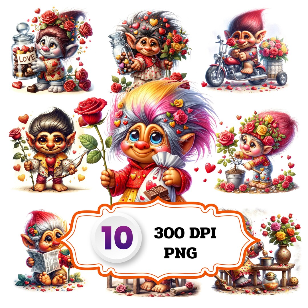 Troll Valentines Day Clipart, Watercolor Clipart, ,10 High Quality Pngs ...