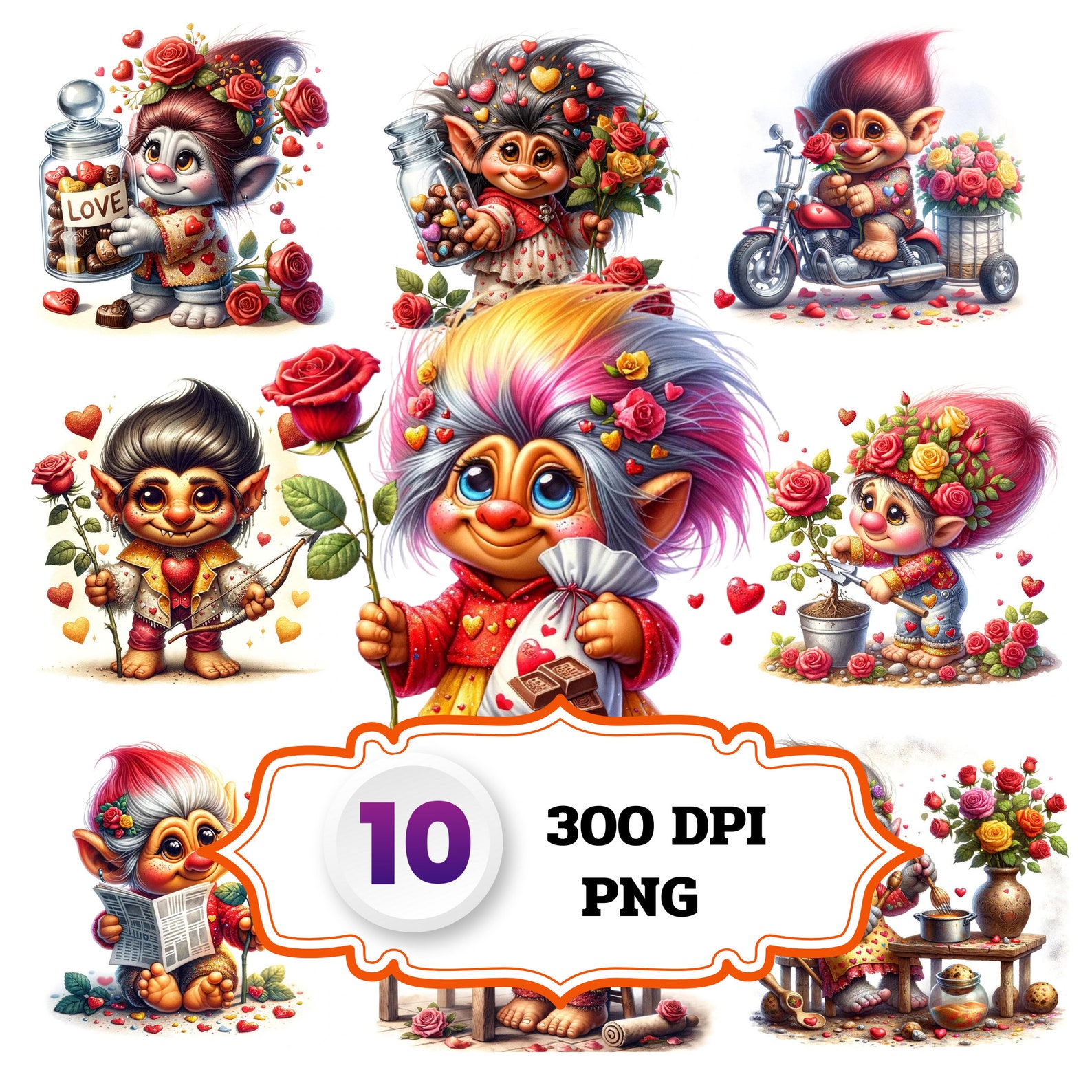 Troll Valentines Day Clipart, Watercolor Clipart, ,10 High Quality Pngs ...