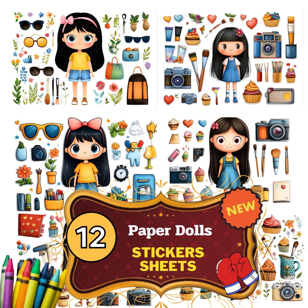 12 Character Stickers Printable Paper Dolls,sheets Fashion,outfit ...