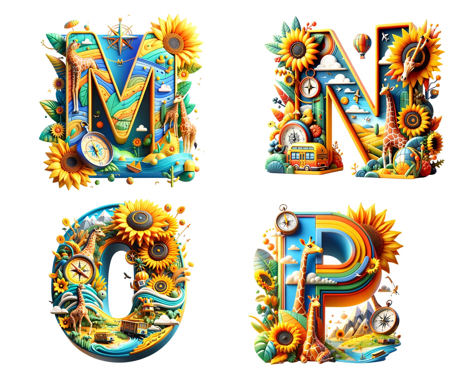 3D Sunflowers and Giraffes A-Z Alphabet, Letters Png, Alphabet Png ...