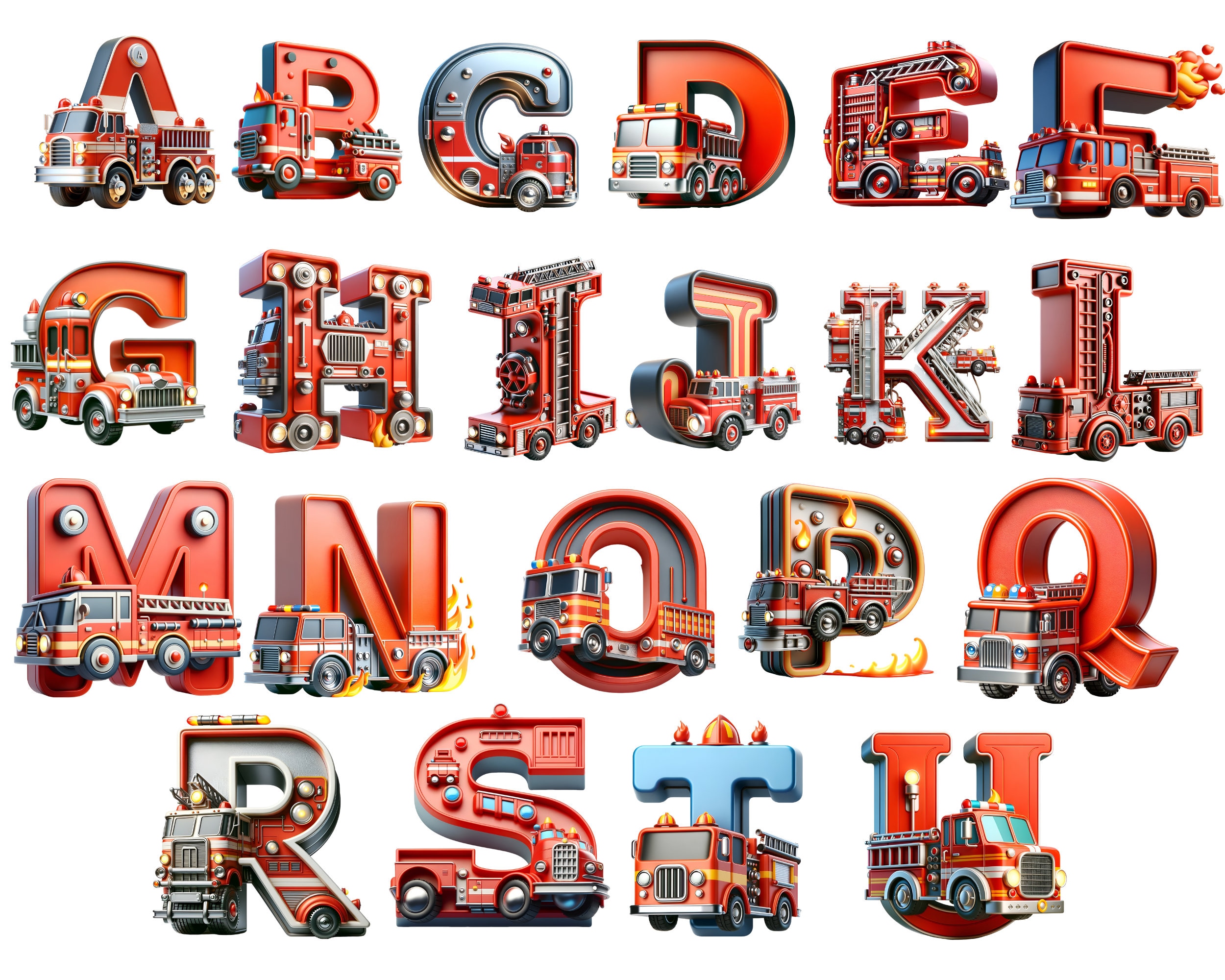 3D Fire Truck A-Z Alphabet, Letters Png, Alphabet Png, Instant Download ...