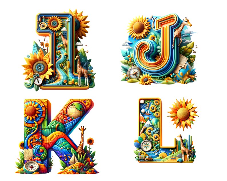 3D Sunflowers and Giraffes A-Z Alphabet, Letters Png, Alphabet Png ...
