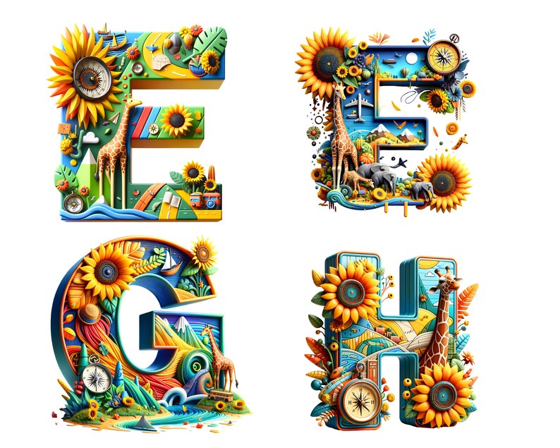 3D Sunflowers and Giraffes A-Z Alphabet, Letters Png, Alphabet Png ...