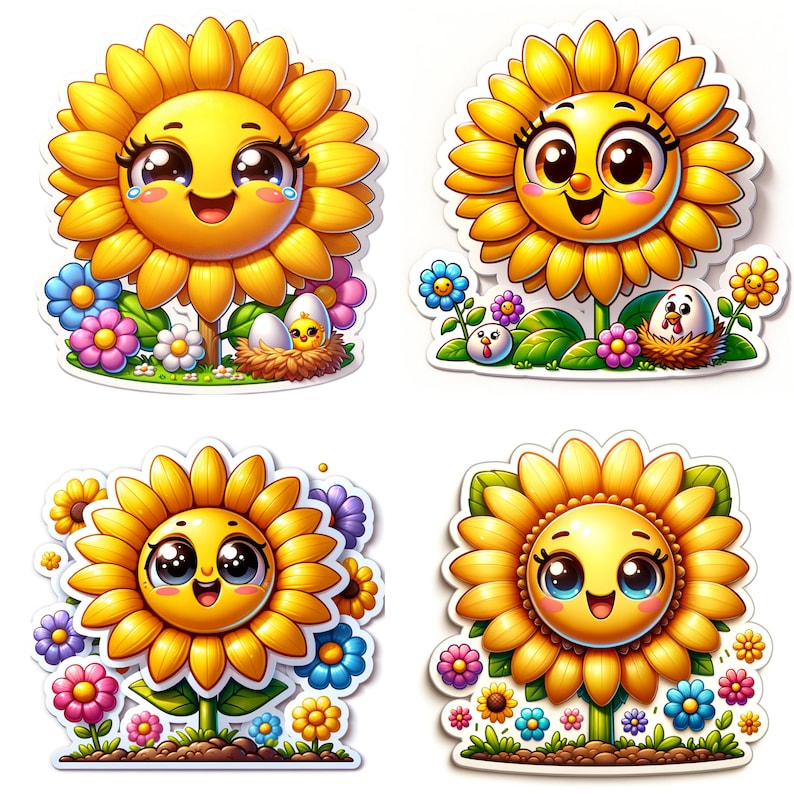 Cartoon Sunflower Sticker, PNG,SVG Clipart Bundle, Digital Stickers ...