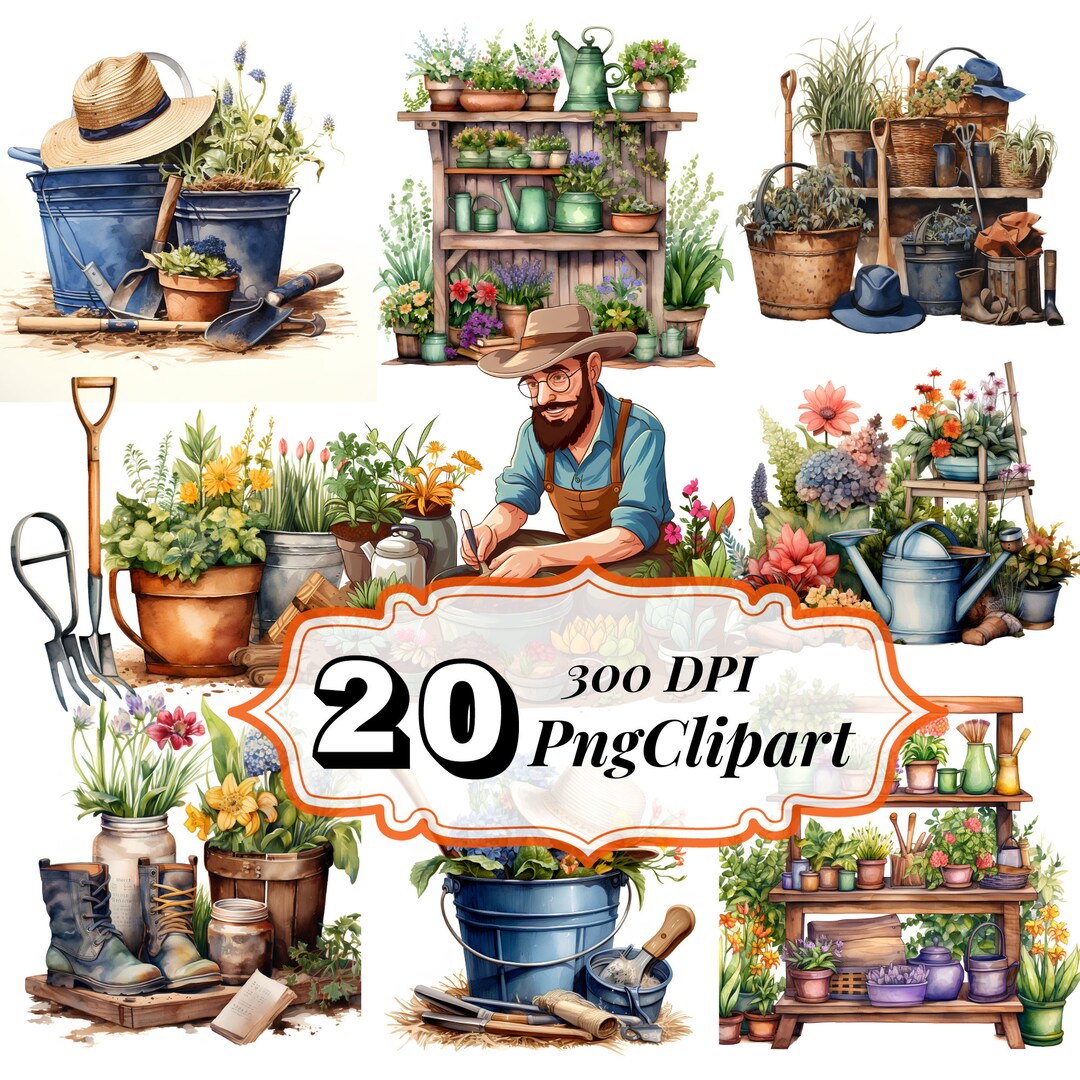 Watercolor Gardening Clipart: 20 PNG Tools Graphics (digital Download ...