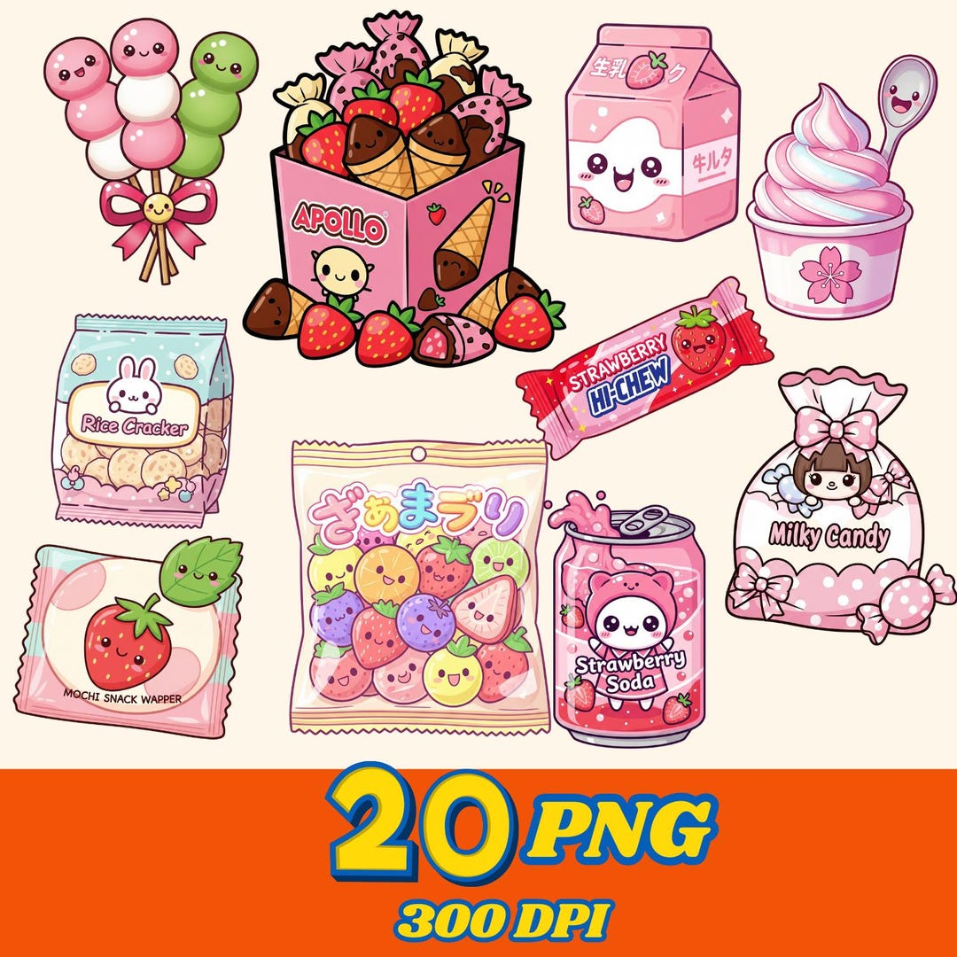 Kawaii Japanese Snack Clipart | Cute Pink Food Stickers | 20 PNG Images ...