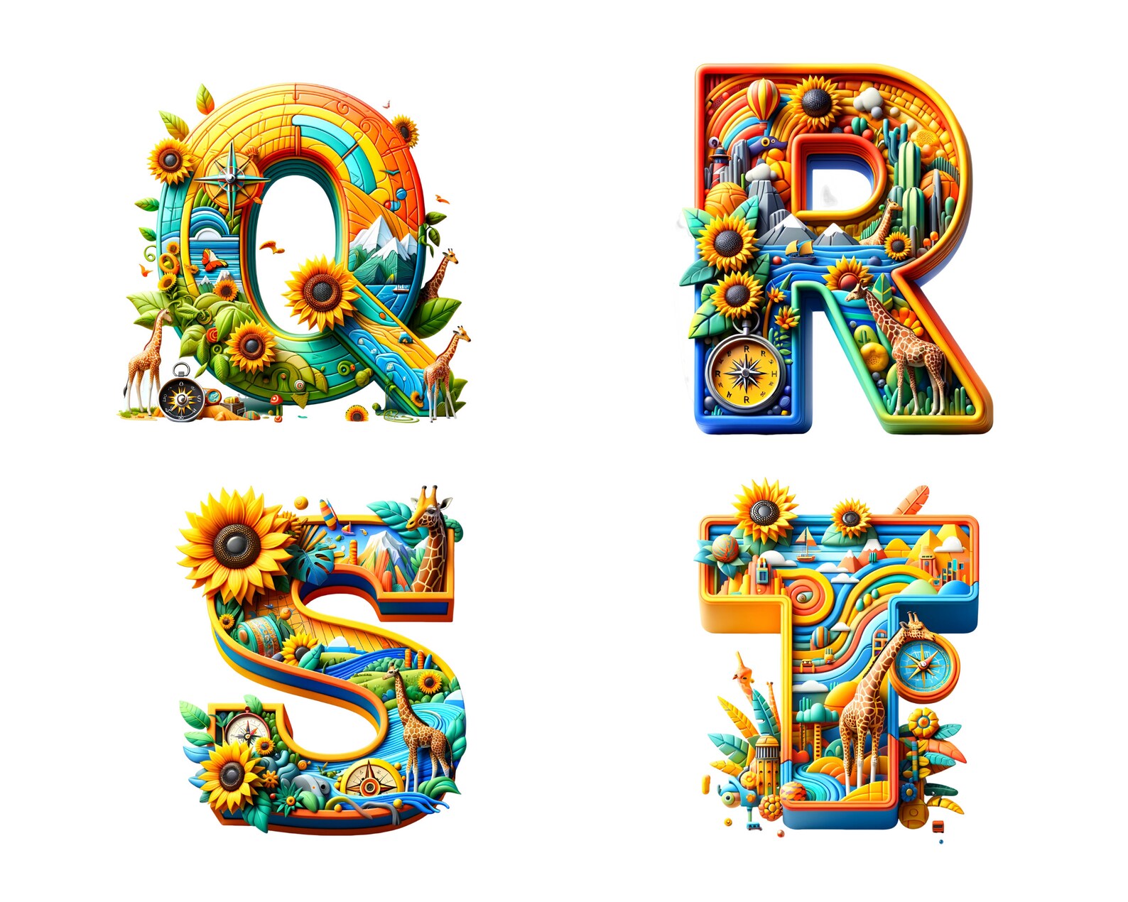 3D Sunflowers and Giraffes A-Z Alphabet, Letters Png, Alphabet Png ...