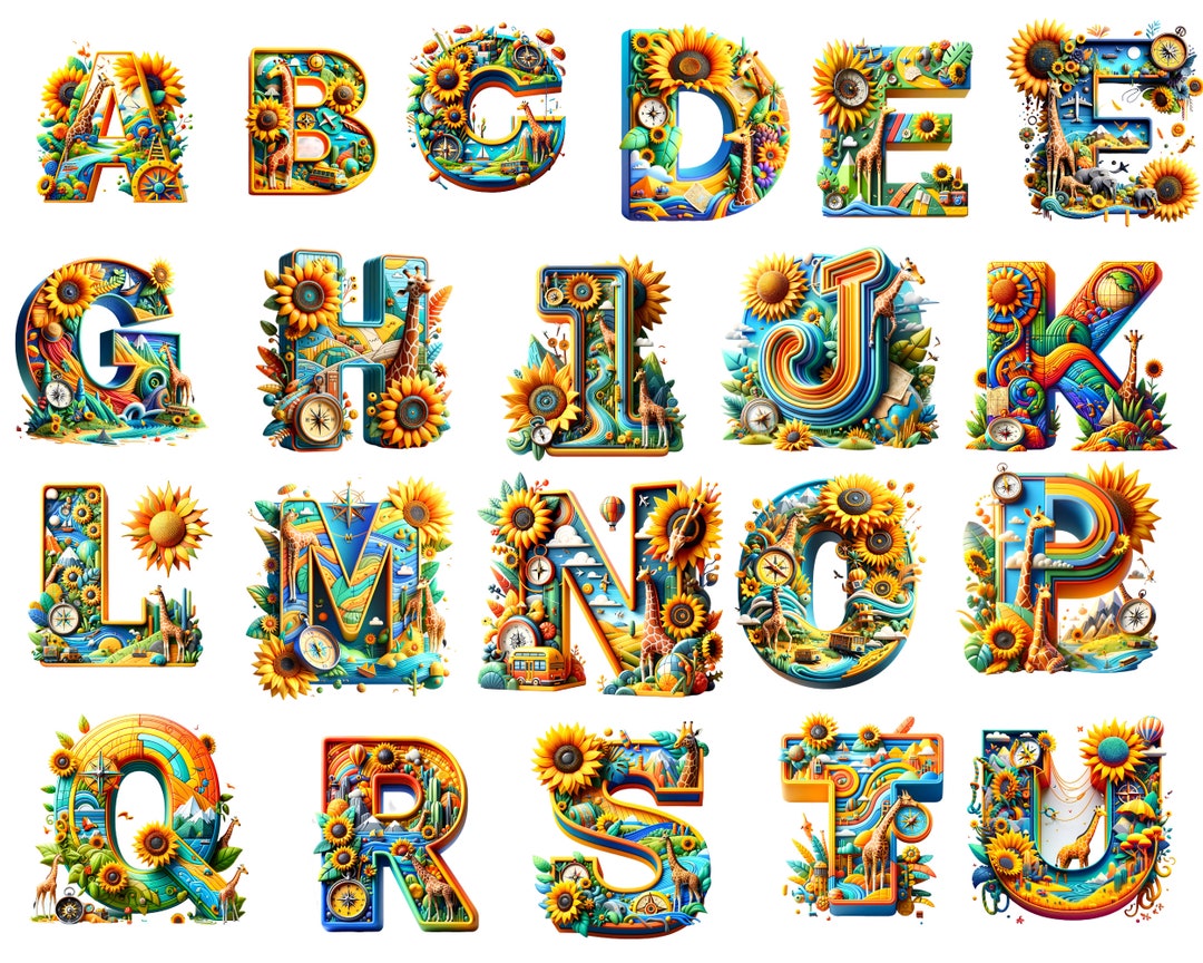 3D Sunflowers and Giraffes A-Z Alphabet, Letters Png, Alphabet Png ...