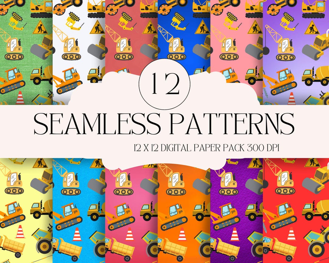 12 Color Construction Truck Seamless Patterns, Construction Digital ...