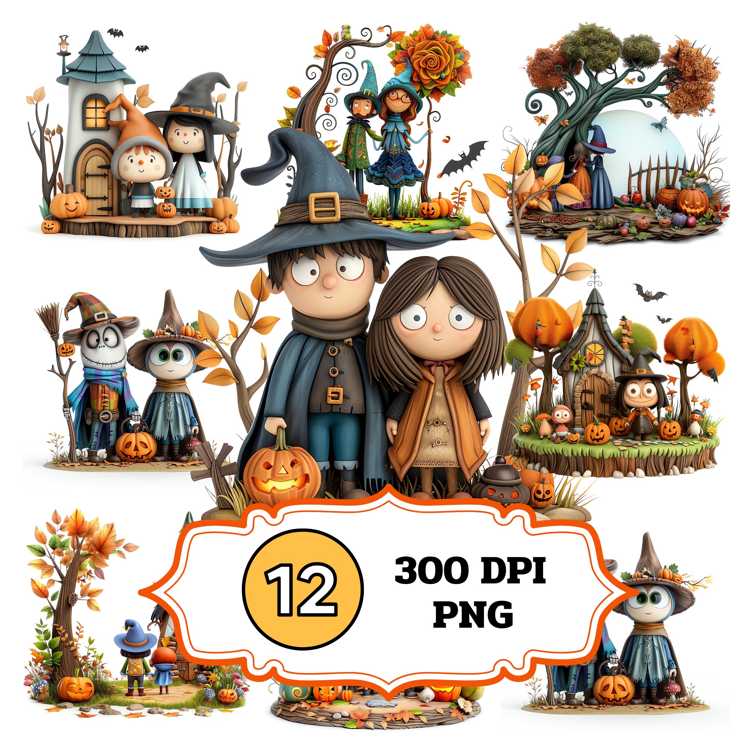 Halloween Couple in 3D, 12 High Quality Pngs, Character Cartoon Clipart ...
